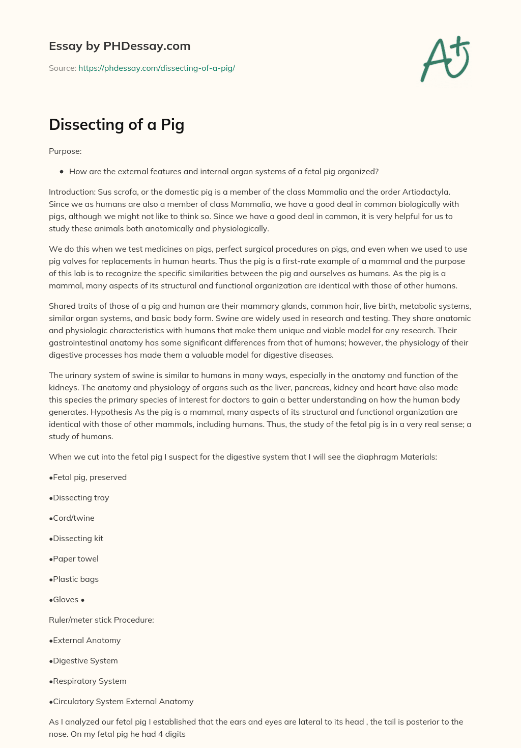 Dissecting of a Pig (400 Words) - PHDessay.com