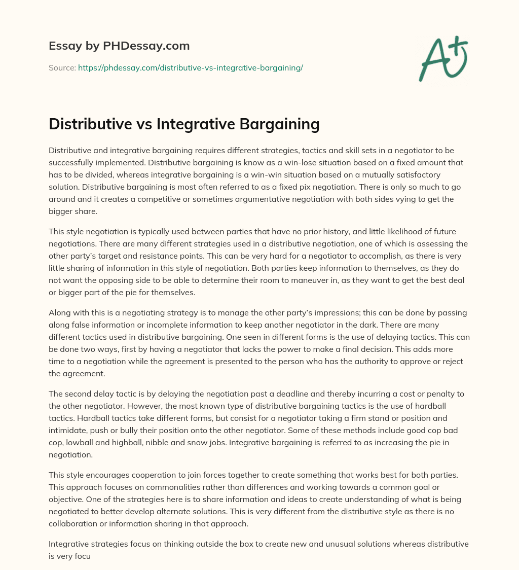 Distributive vs Integrative Bargaining (600 Words) - PHDessay.com