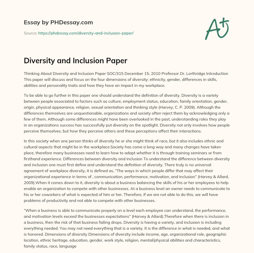 Diversity and Inclusion Paper - PHDessay.com