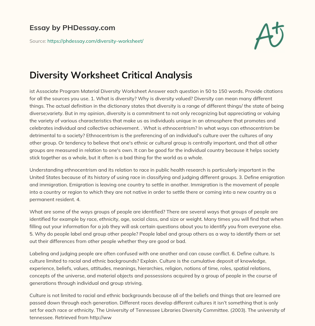 Diversity Worksheet Critical Analysis (500 Words) - PHDessay.com