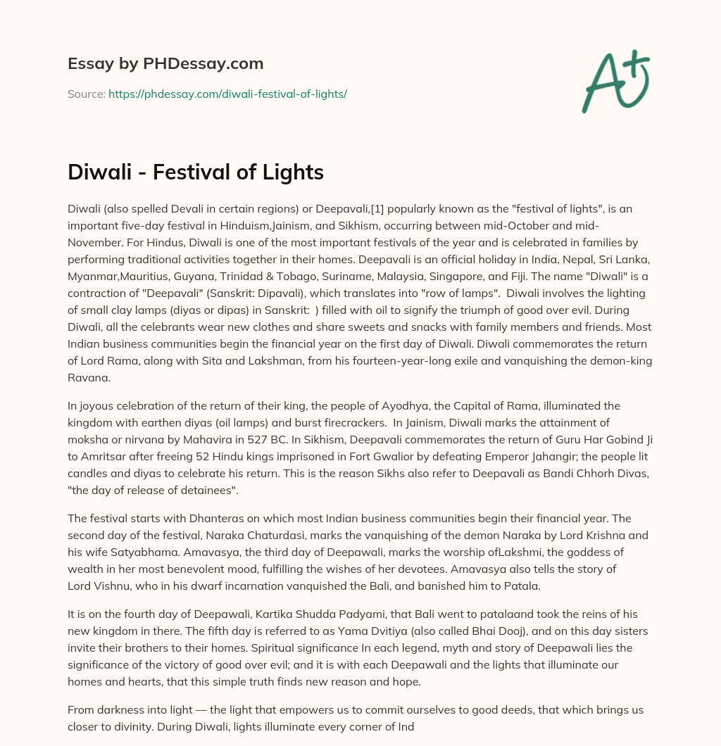 Diwali - Festival Of Lights Essay Example - PHDessay.com