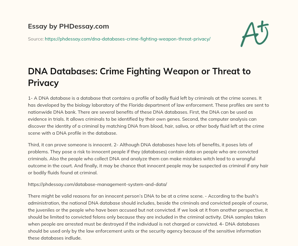 DNA Databases: Crime Fighting Weapon or Threat to Privacy (300 Words ...