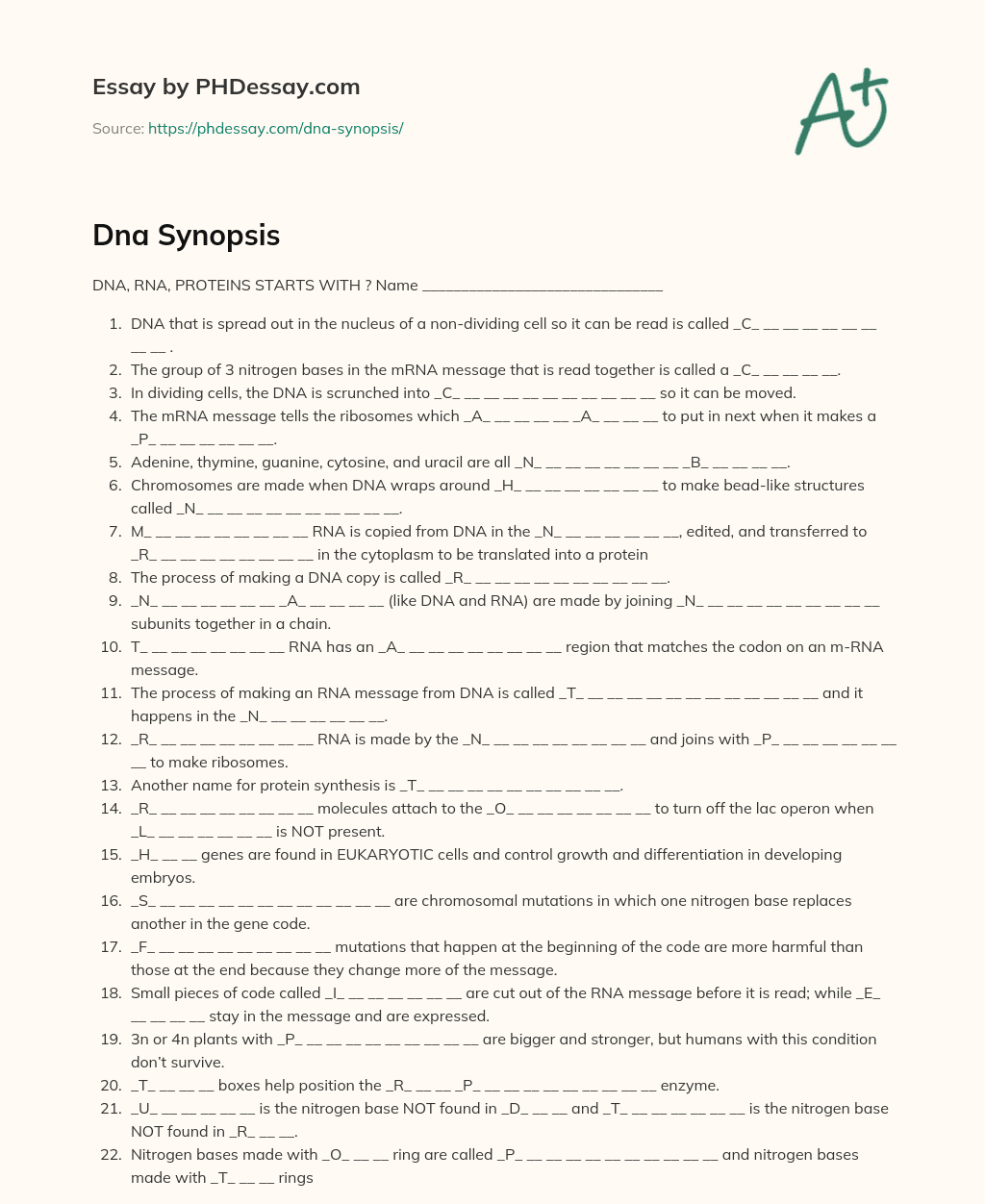 Dna Synopsis - PHDessay.com