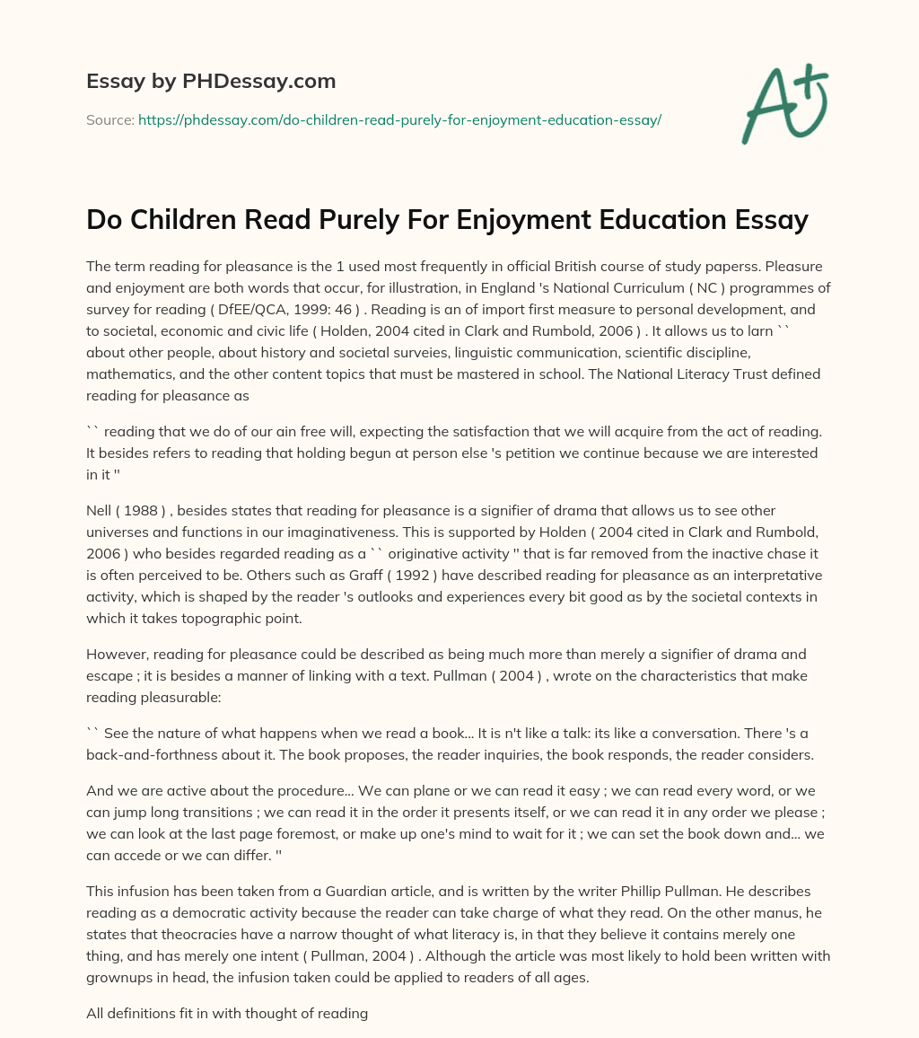 Do Children Read Purely For Enjoyment Education Essay - PHDessay.com
