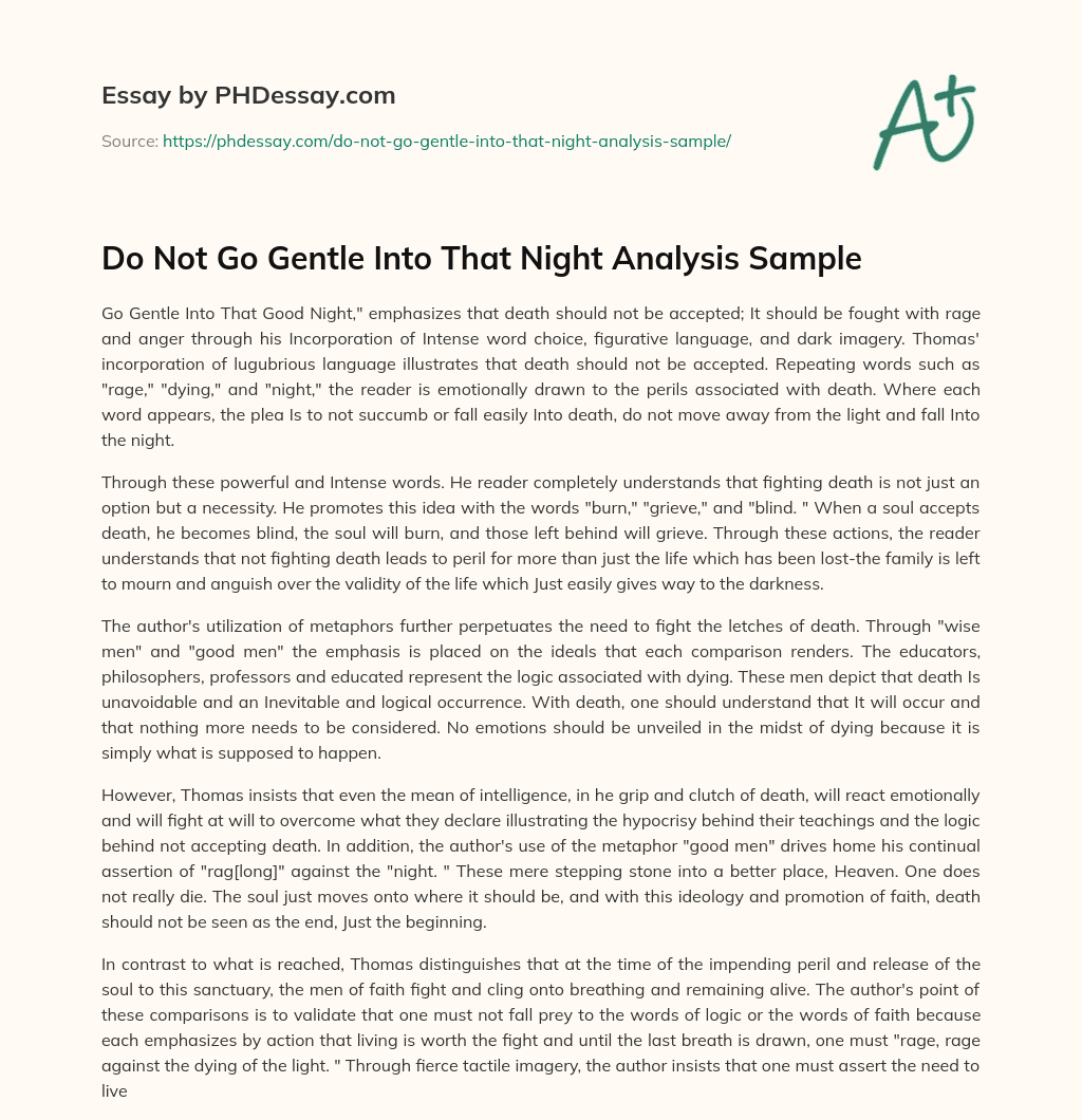 Do Not Go Gentle Into That Night Analysis Sample Essay Example ...