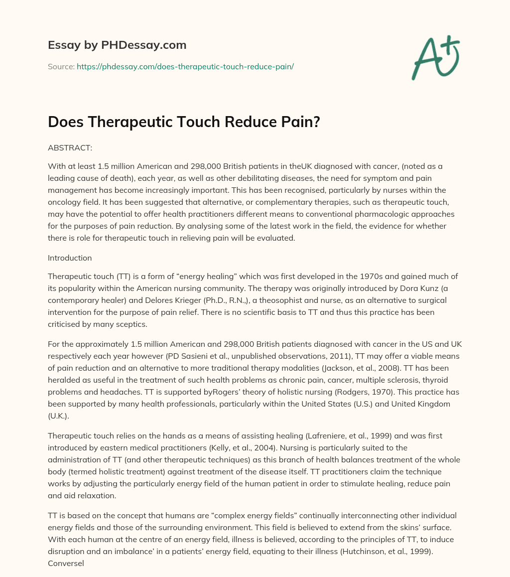 Does Therapeutic Touch Reduce Pain? - PHDessay.com