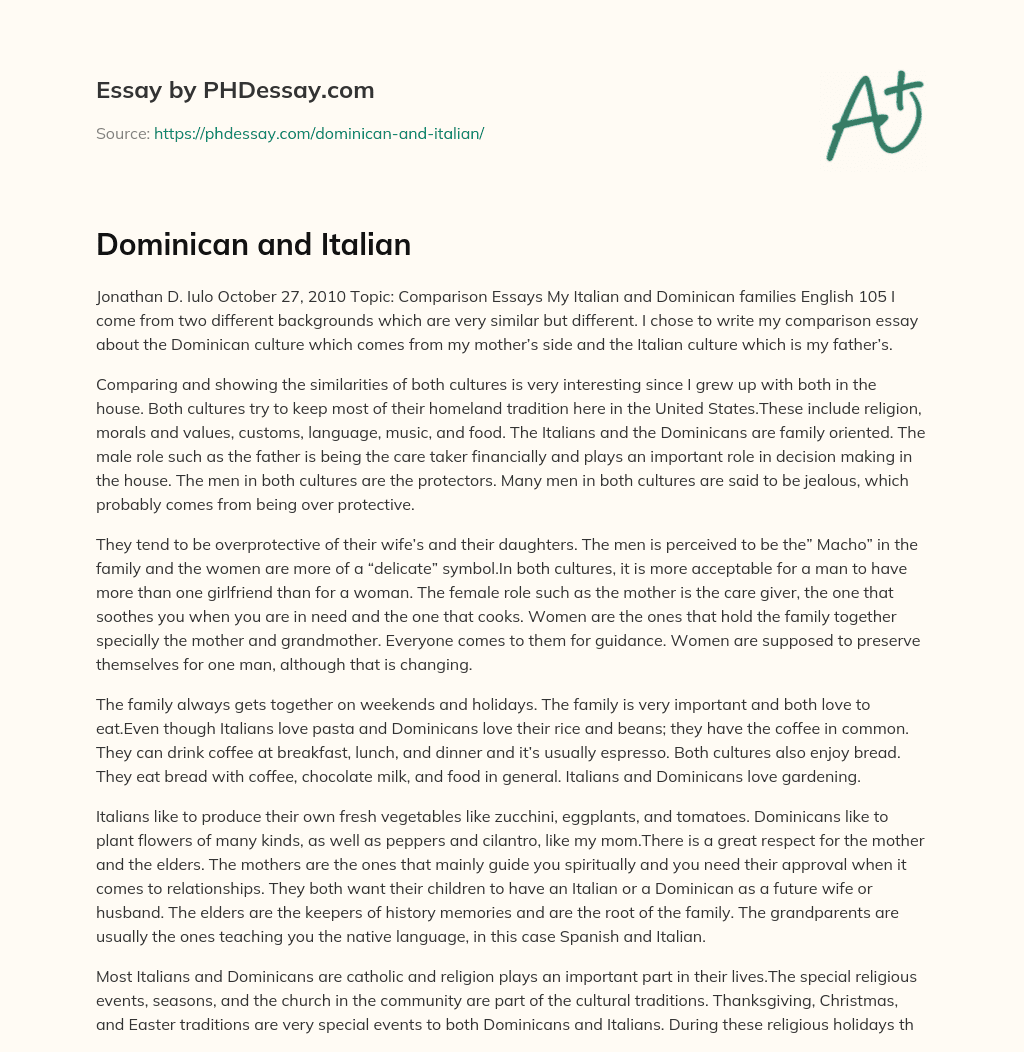 Dominican and Italian (500 Words) - PHDessay.com