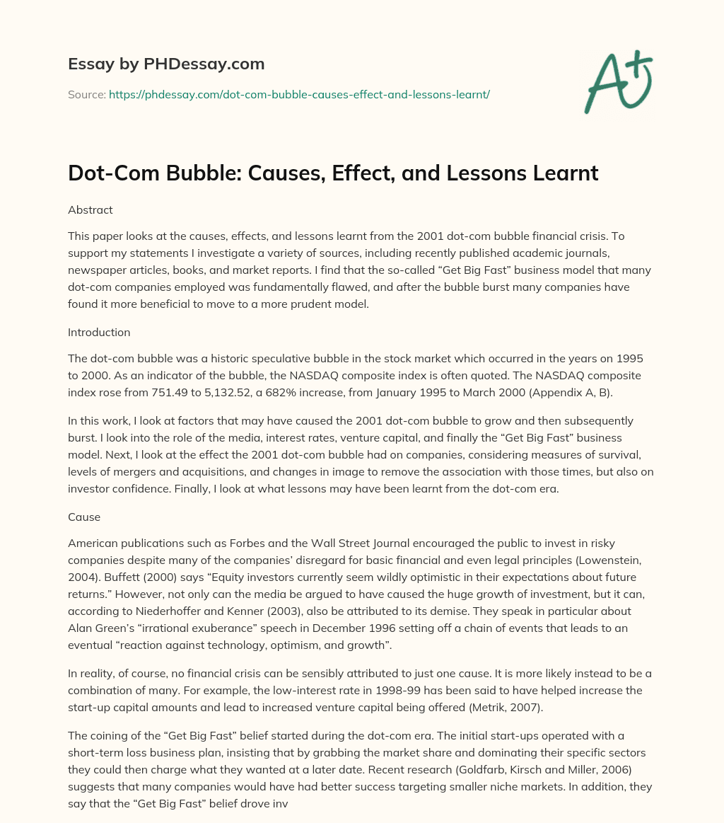 Dot-Com Bubble: Causes, Effect, and Lessons Learnt - PHDessay.com