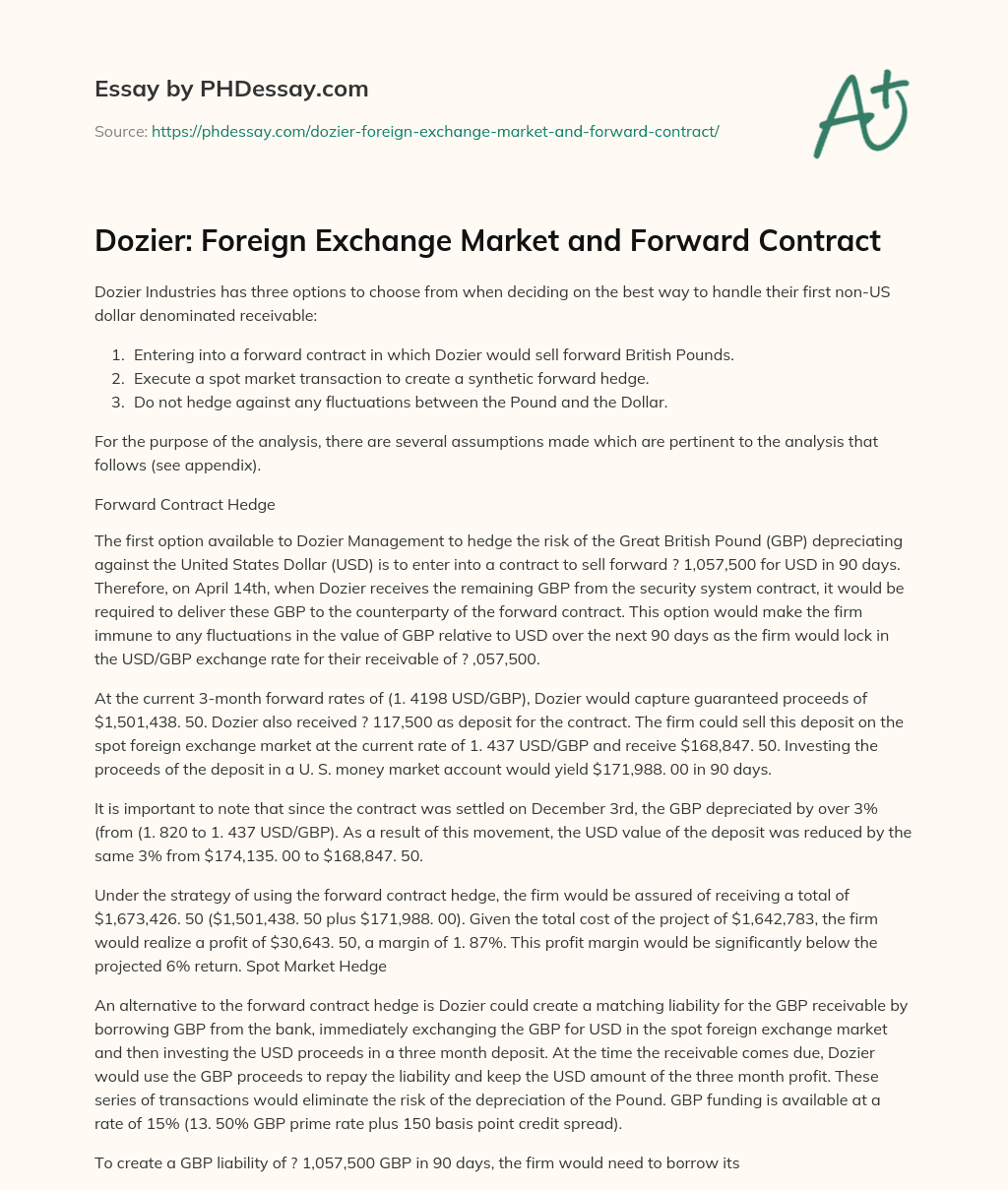 Dozier: Foreign Exchange Market and Forward Contract - PHDessay.com