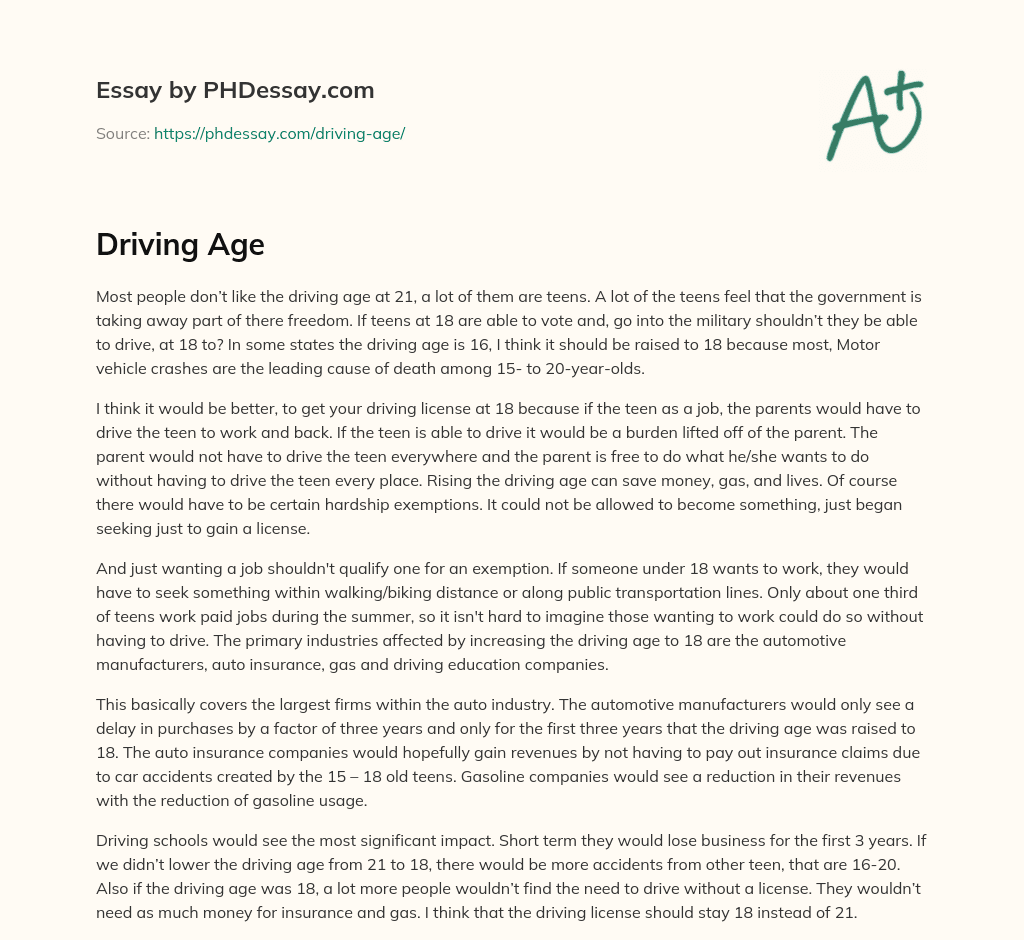 Driving Age (400 Words) - PHDessay.com