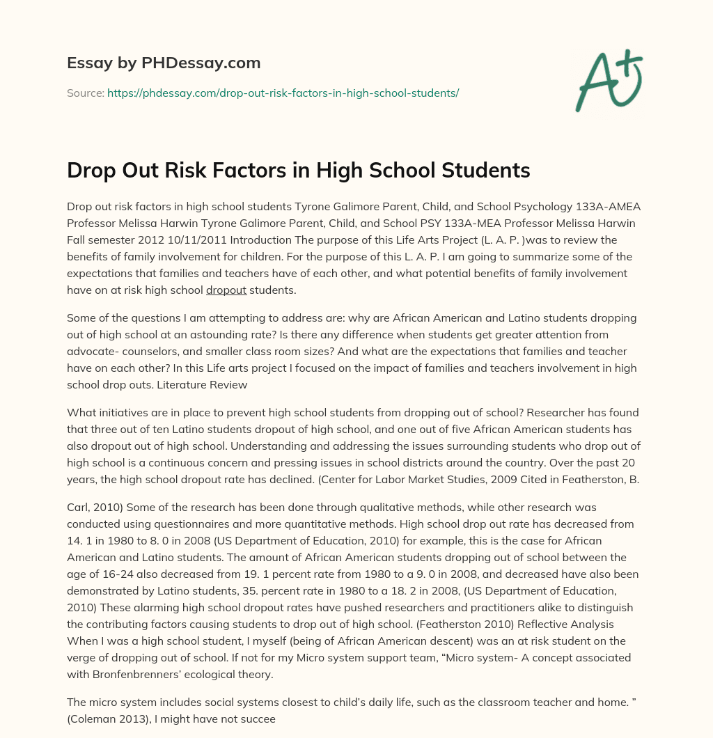 Drop Out Risk Factors in High School Students - PHDessay.com