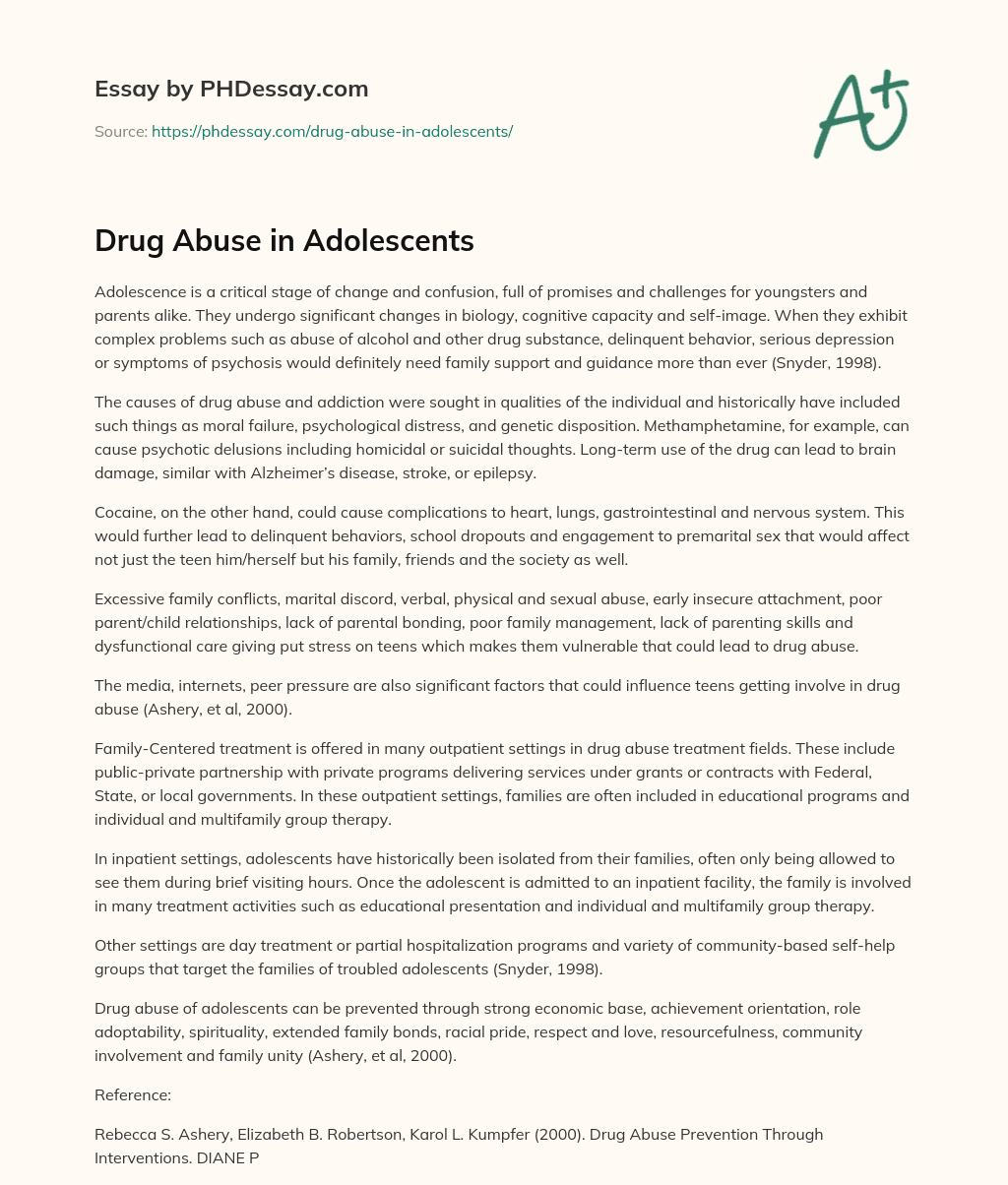 Drug Abuse in Adolescents (400 Words) - PHDessay.com