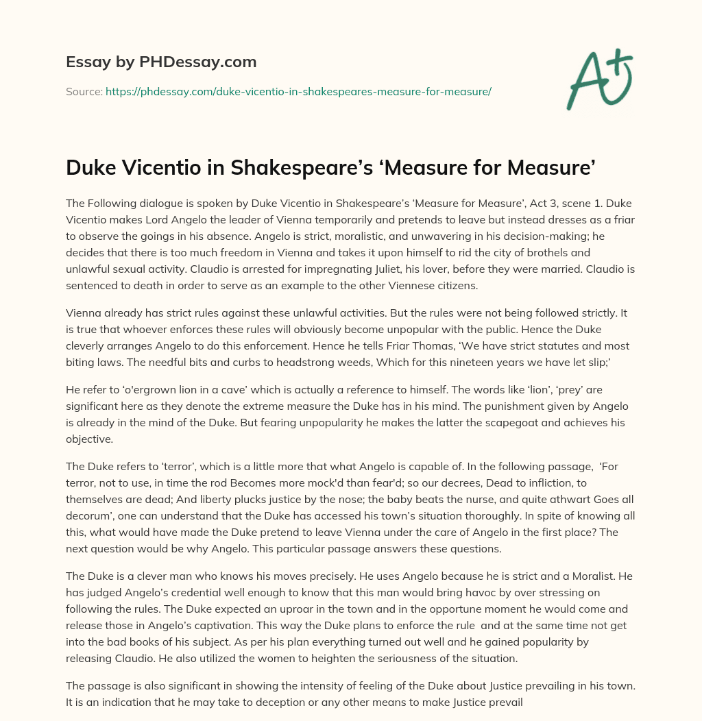 Duke Vicentio in Shakespeare’s ‘Measure for Measure’ - PHDessay.com
