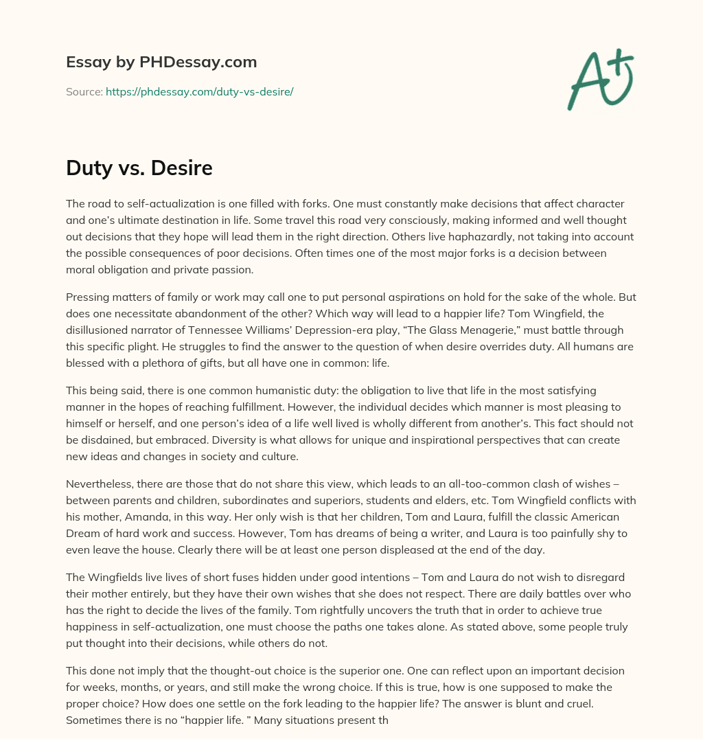 Duty vs. Desire (600 Words) - PHDessay.com