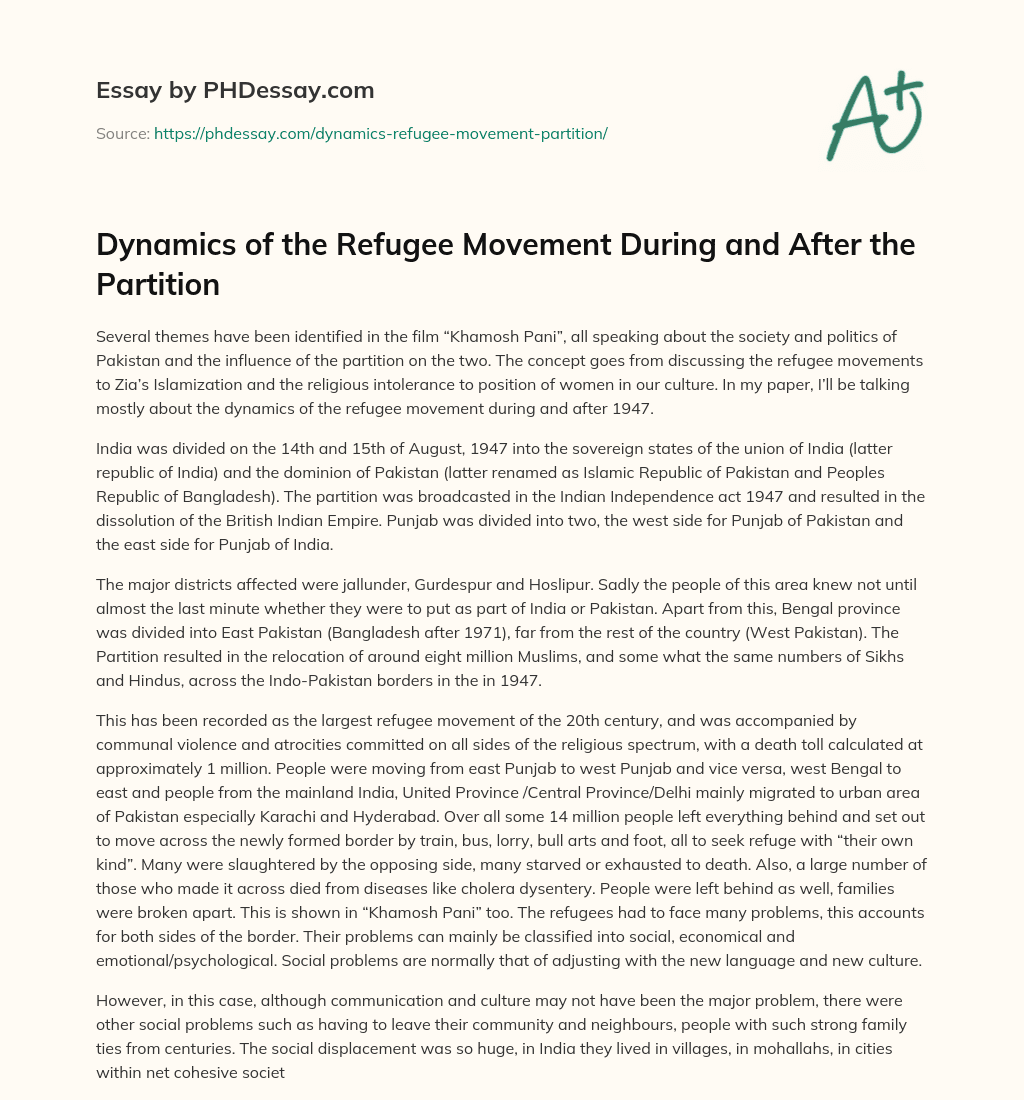 Dynamics of the Refugee Movement During and After the Partition ...