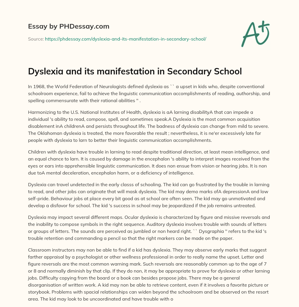 Dyslexia and its manifestation in Secondary School - PHDessay.com
