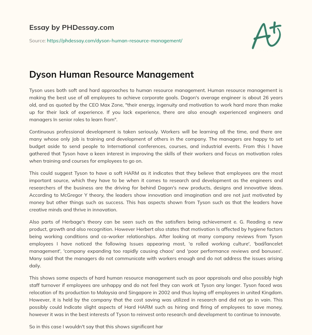 Dyson Human Resource Management (500 Words) - PHDessay.com