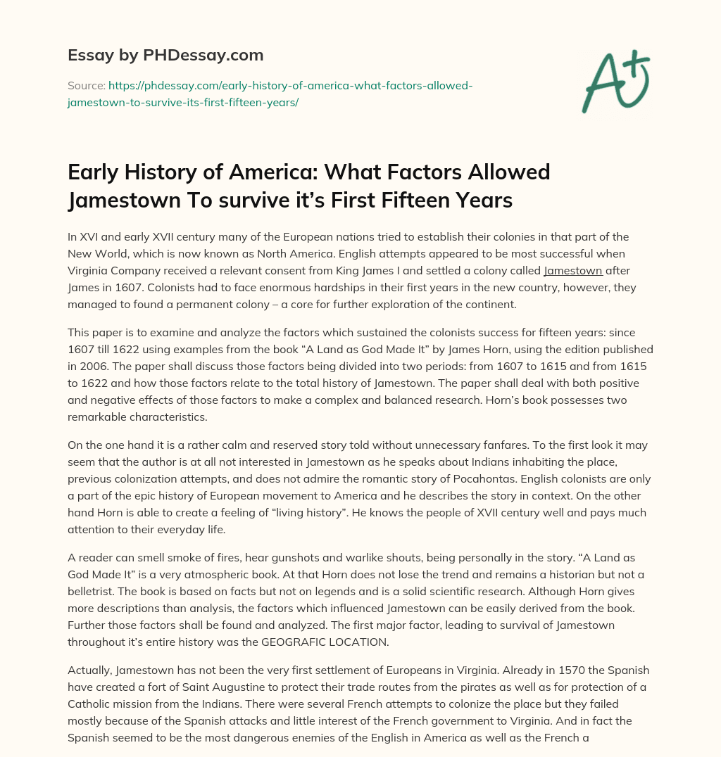 Early History of America: What Factors Allowed Jamestown To survive it ...