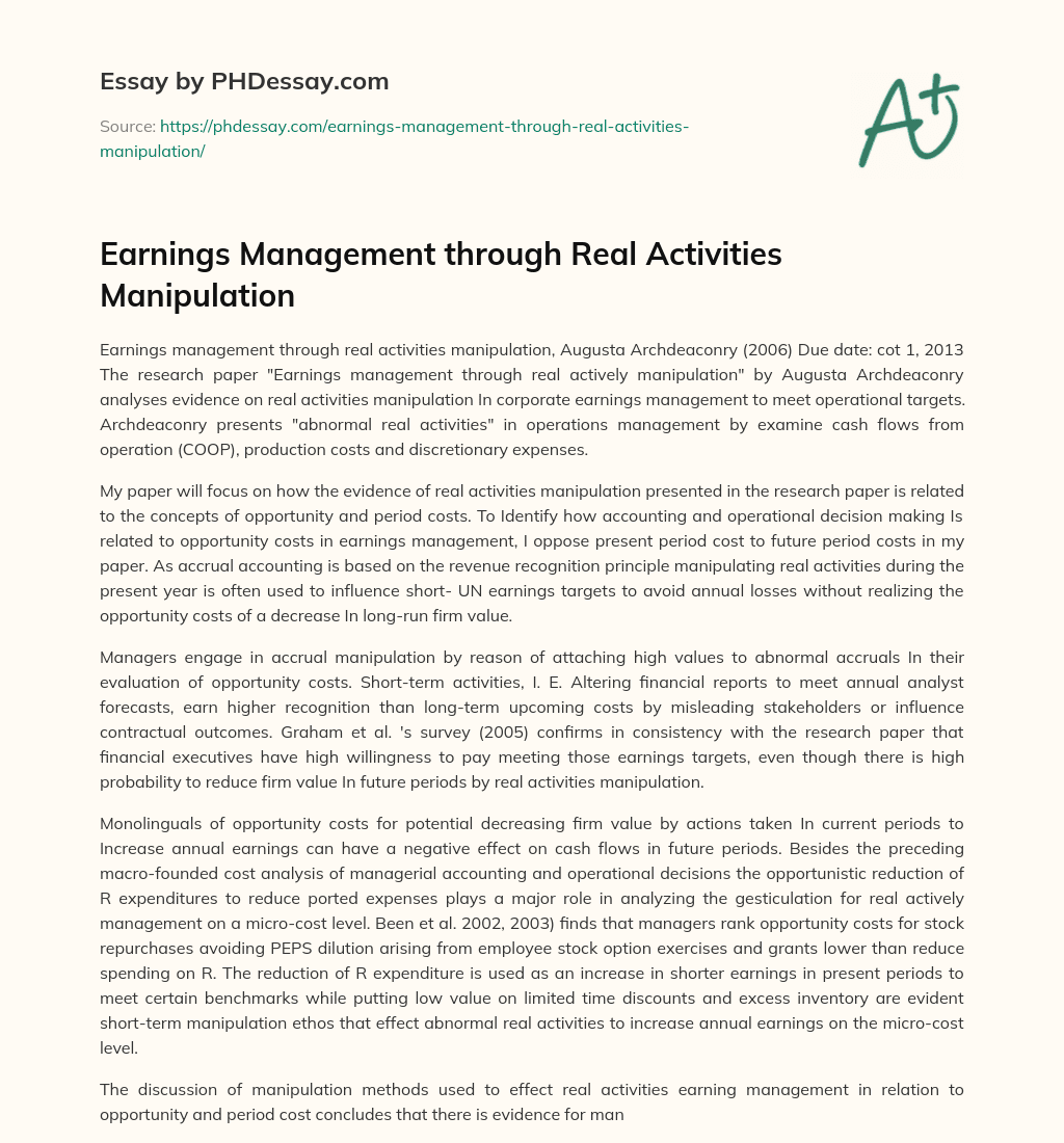 Earnings Management through Real Activities Manipulation (500 Words ...