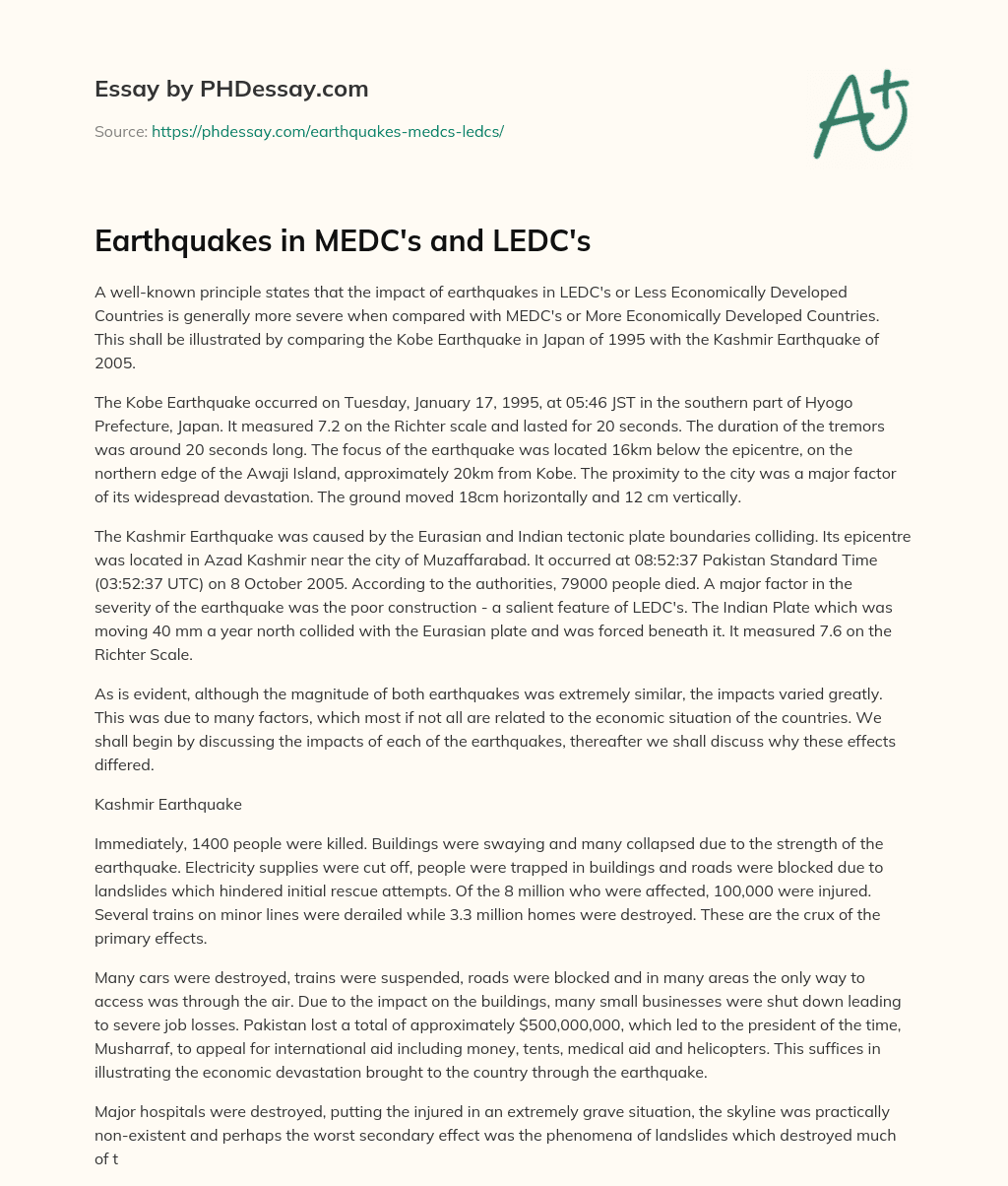 Earthquakes In Medc'S And Ledc'S Example - PHDessay.com