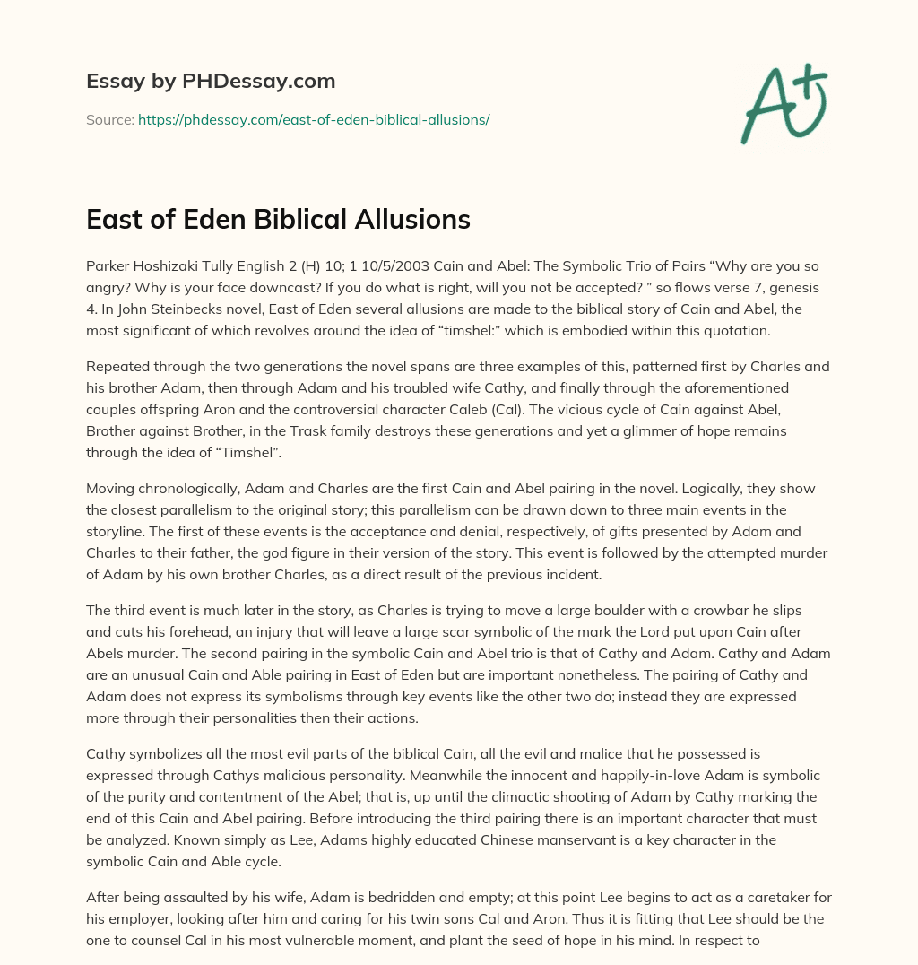 East Of Eden Biblical Allusions Essay Example - PHDessay.com