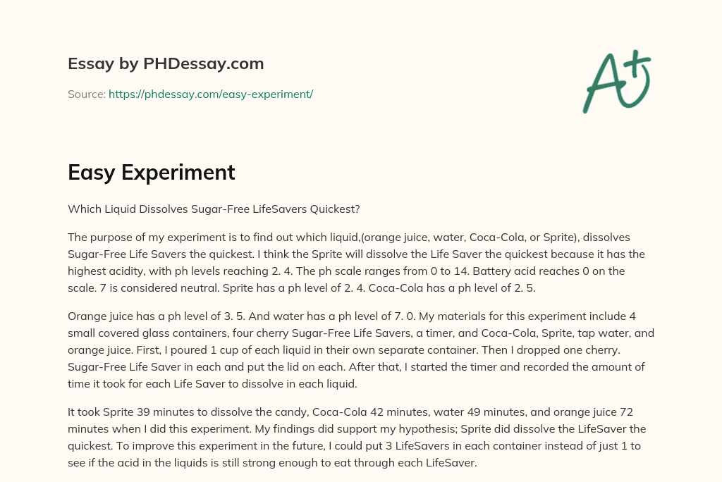 Easy Experiment (300 Words) - PHDessay.com