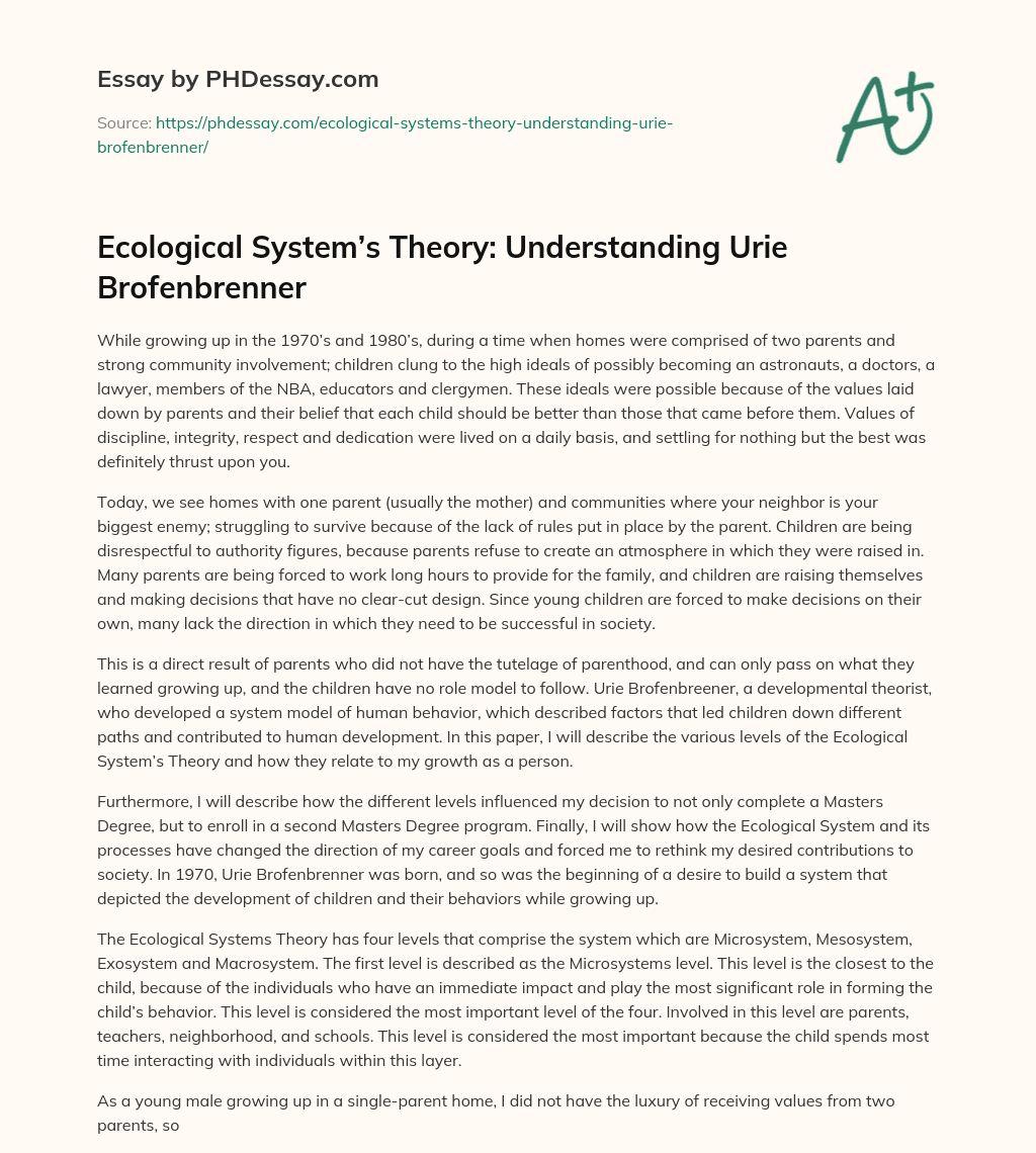 Ecological System’s Theory: Understanding Urie Brofenbrenner - PHDessay.com