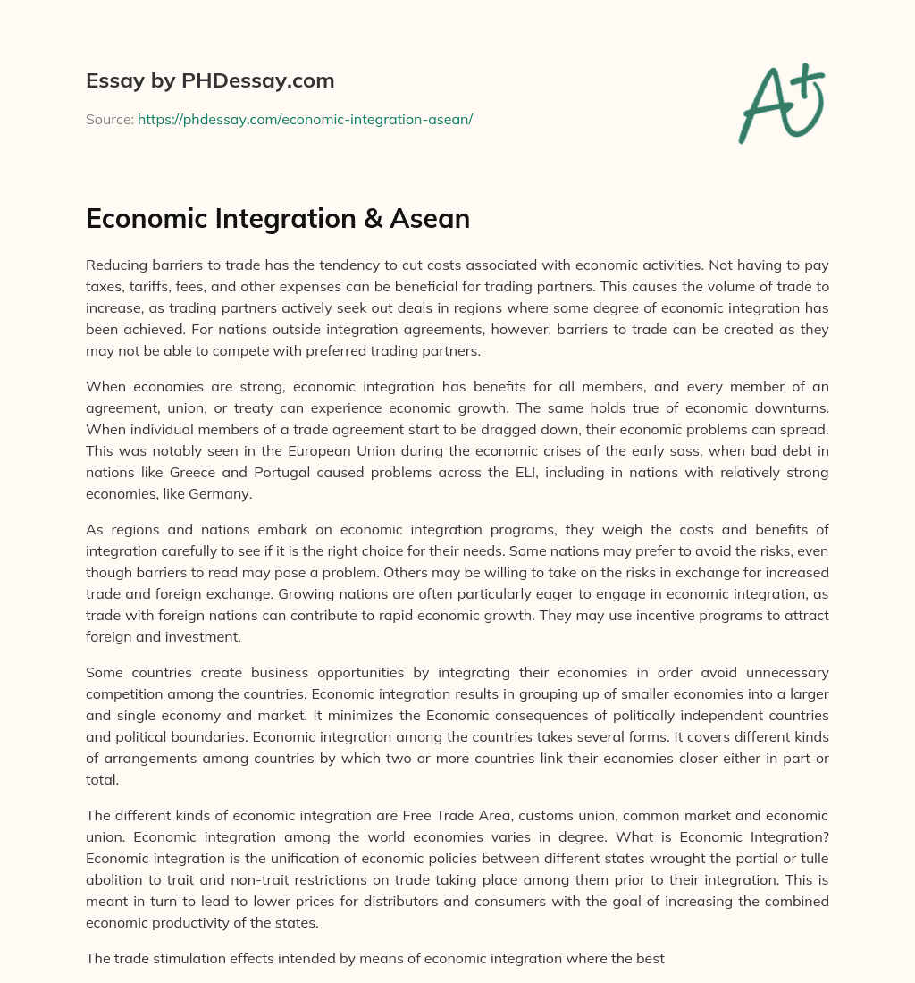 Economic Integration & Asean - PHDessay.com