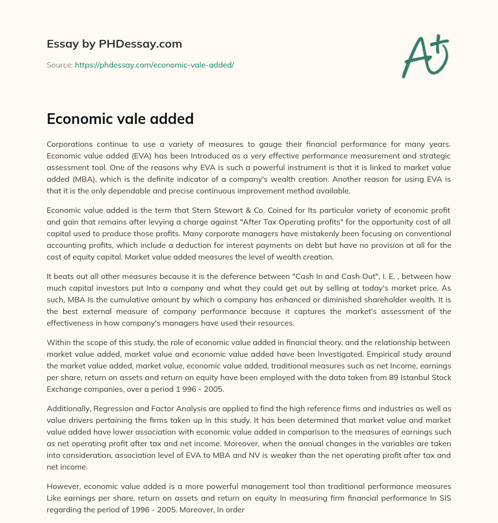 Economic vale added (600 Words) - PHDessay.com