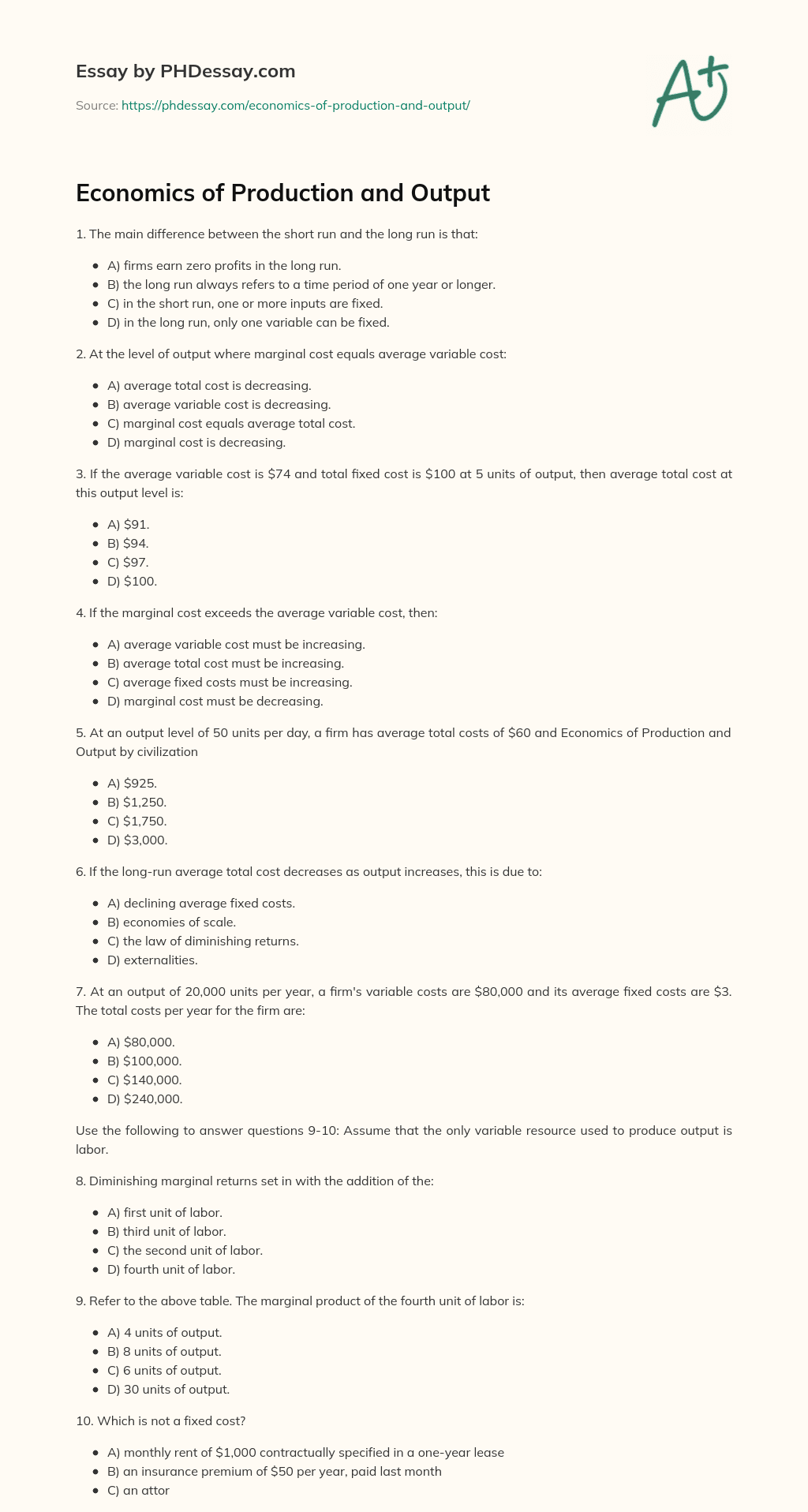Economics of Production and Output (500 Words) - PHDessay.com