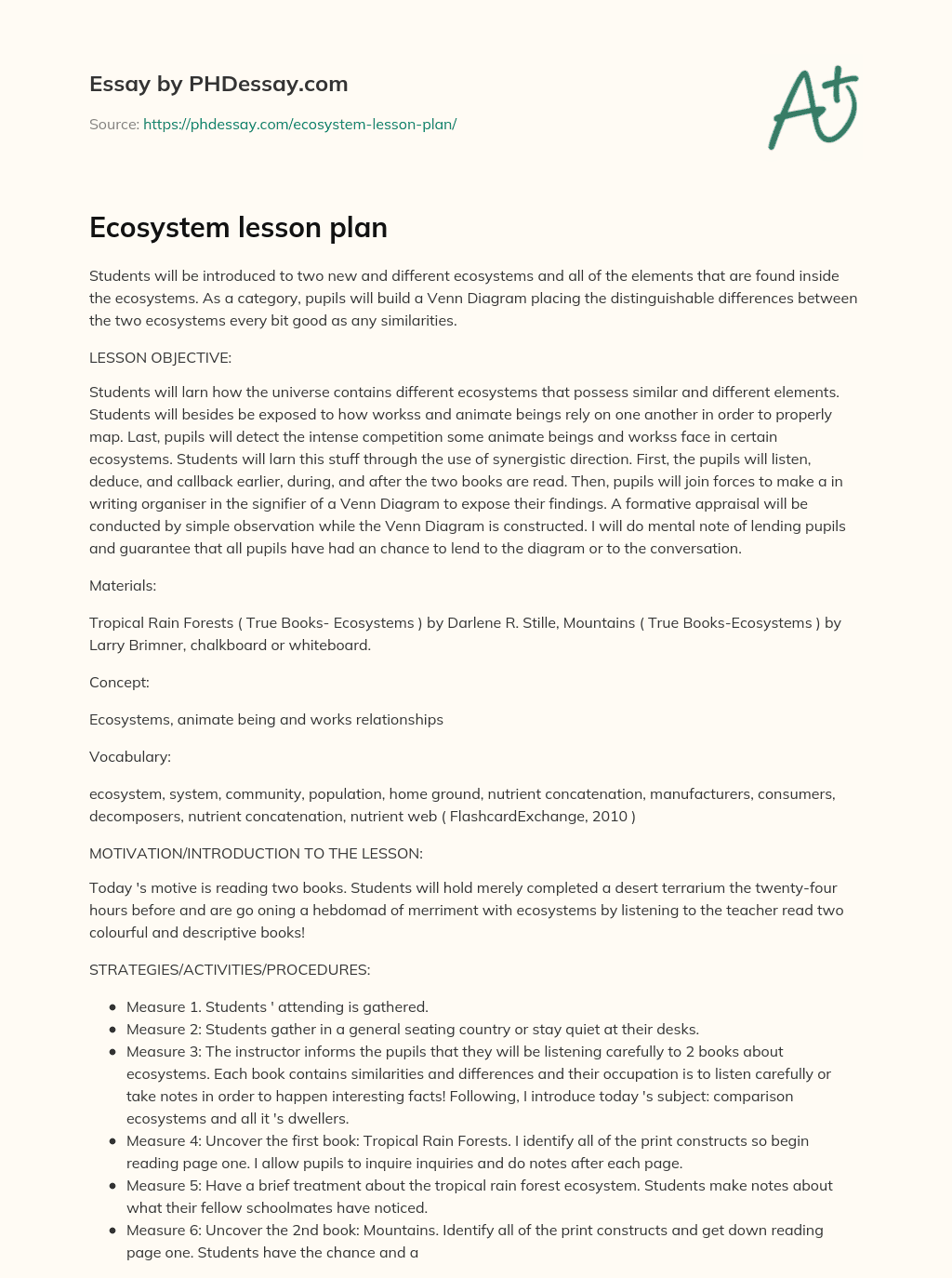 Ecosystem lesson plan - PHDessay.com