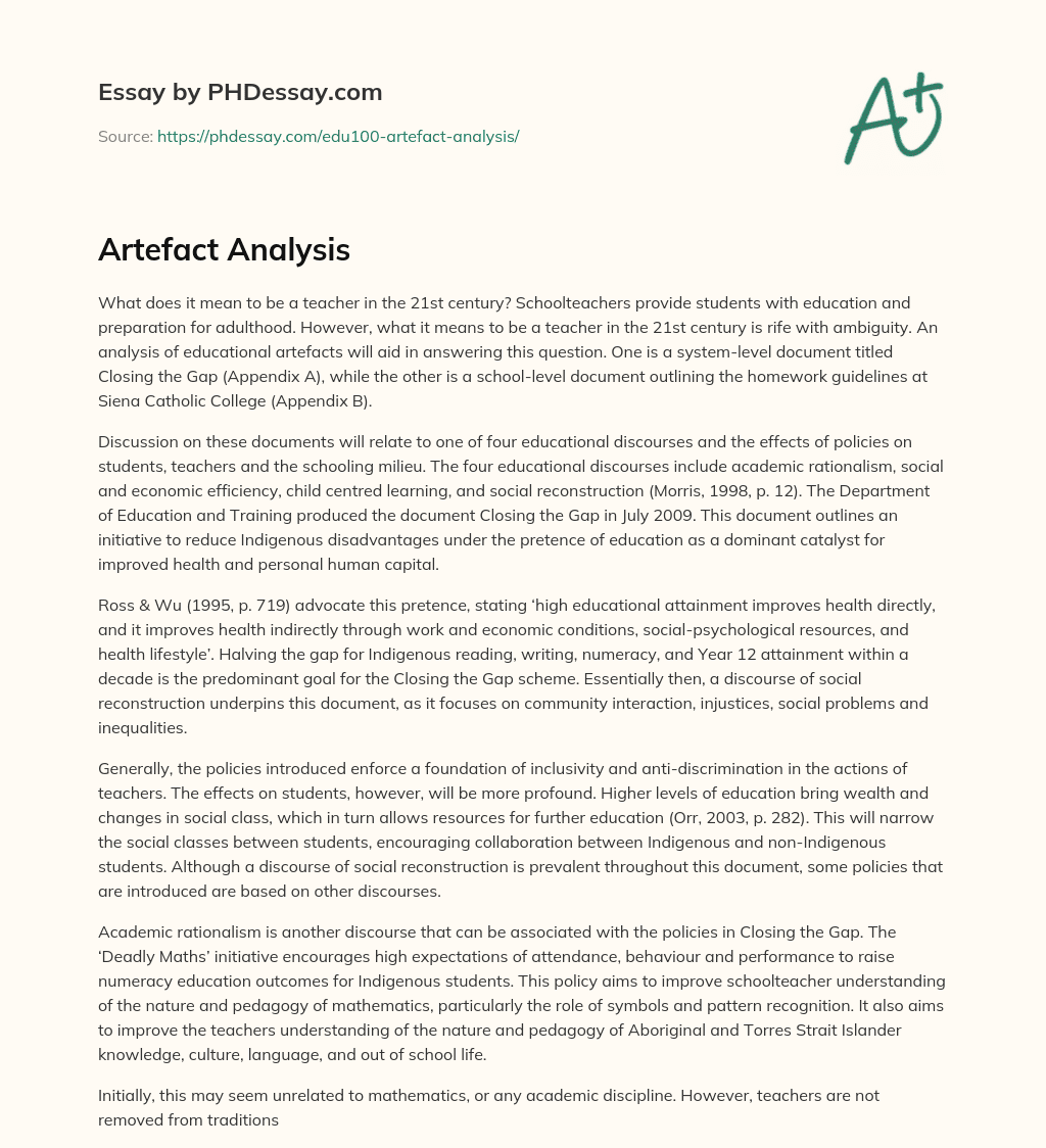 Artefact Analysis - PHDessay.com