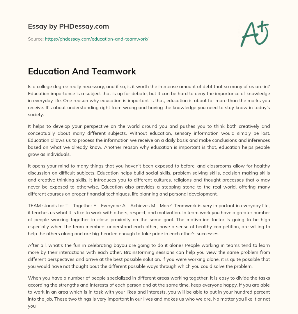 Education And Teamwork (500 Words) - PHDessay.com