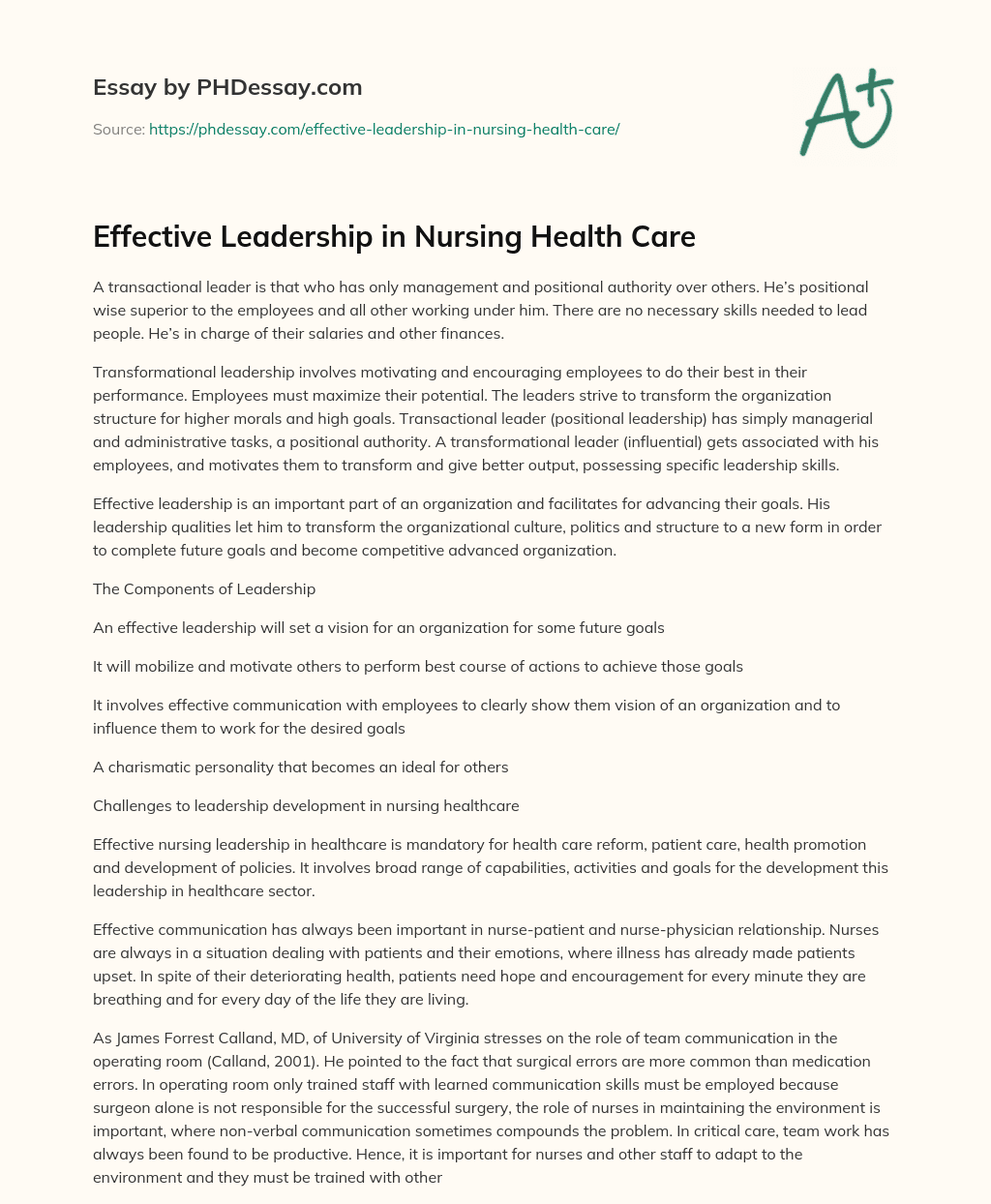Effective Leadership in Nursing Health Care - PHDessay.com
