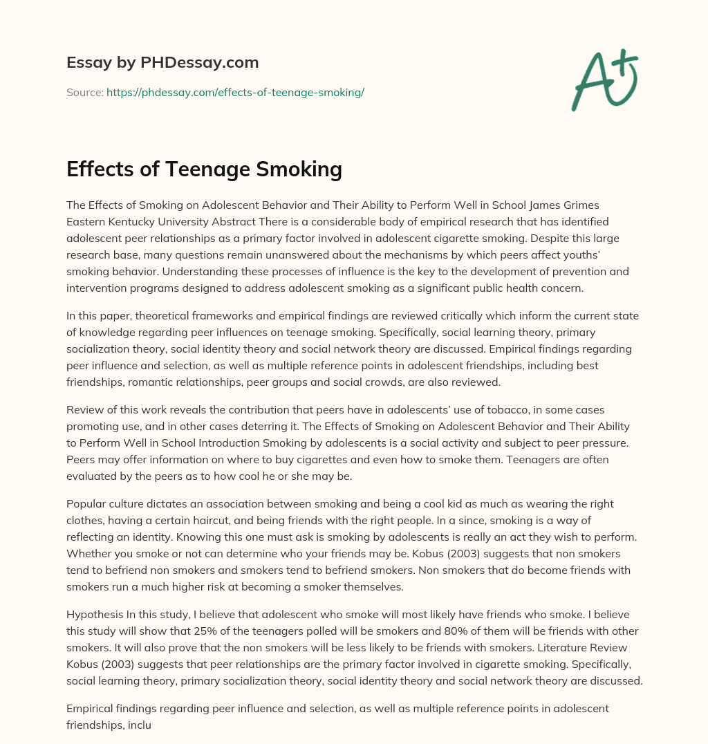 Effects of Teenage Smoking - PHDessay.com