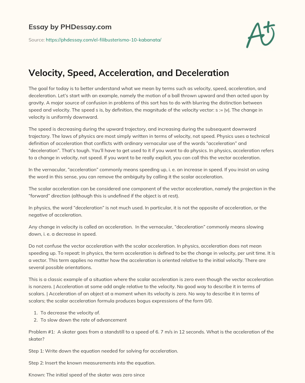 Velocity, Speed, Acceleration, and Deceleration - PHDessay.com