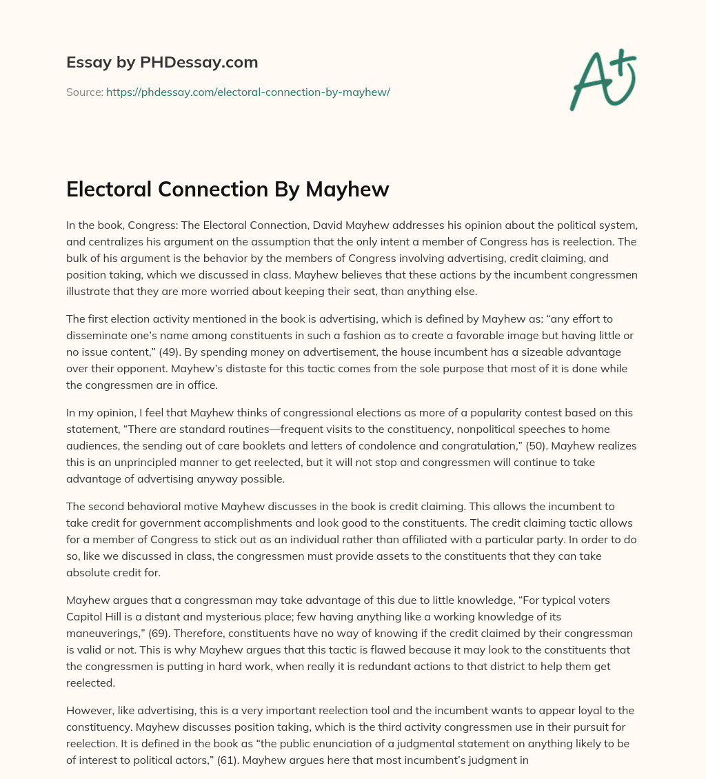 Electoral Connection By Mayhew - PHDessay.com