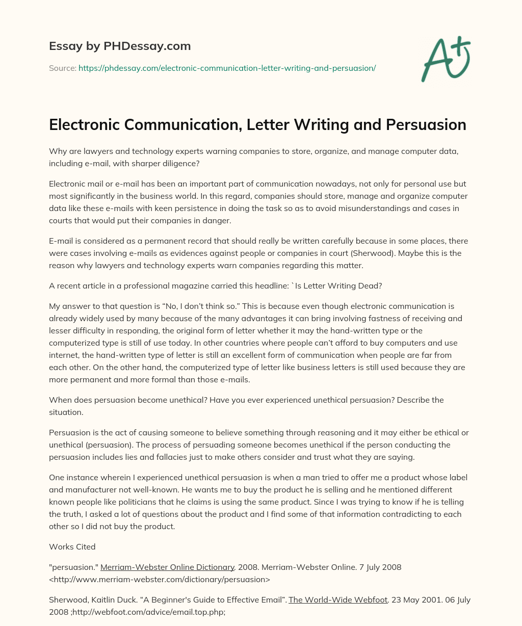 Electronic Communication, Letter Writing and Persuasion (500 Words ...