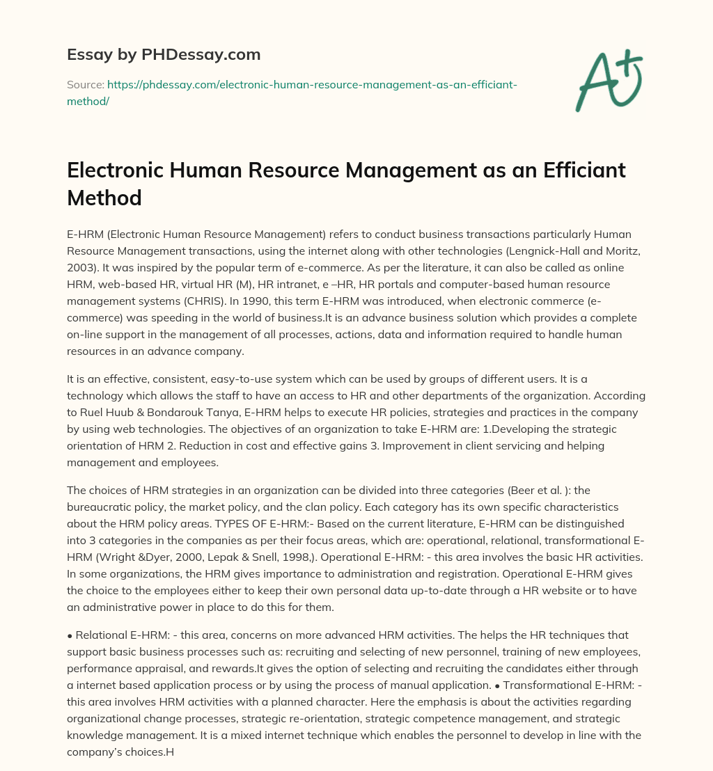 Electronic Human Resource Management as an Efficiant Method - PHDessay.com