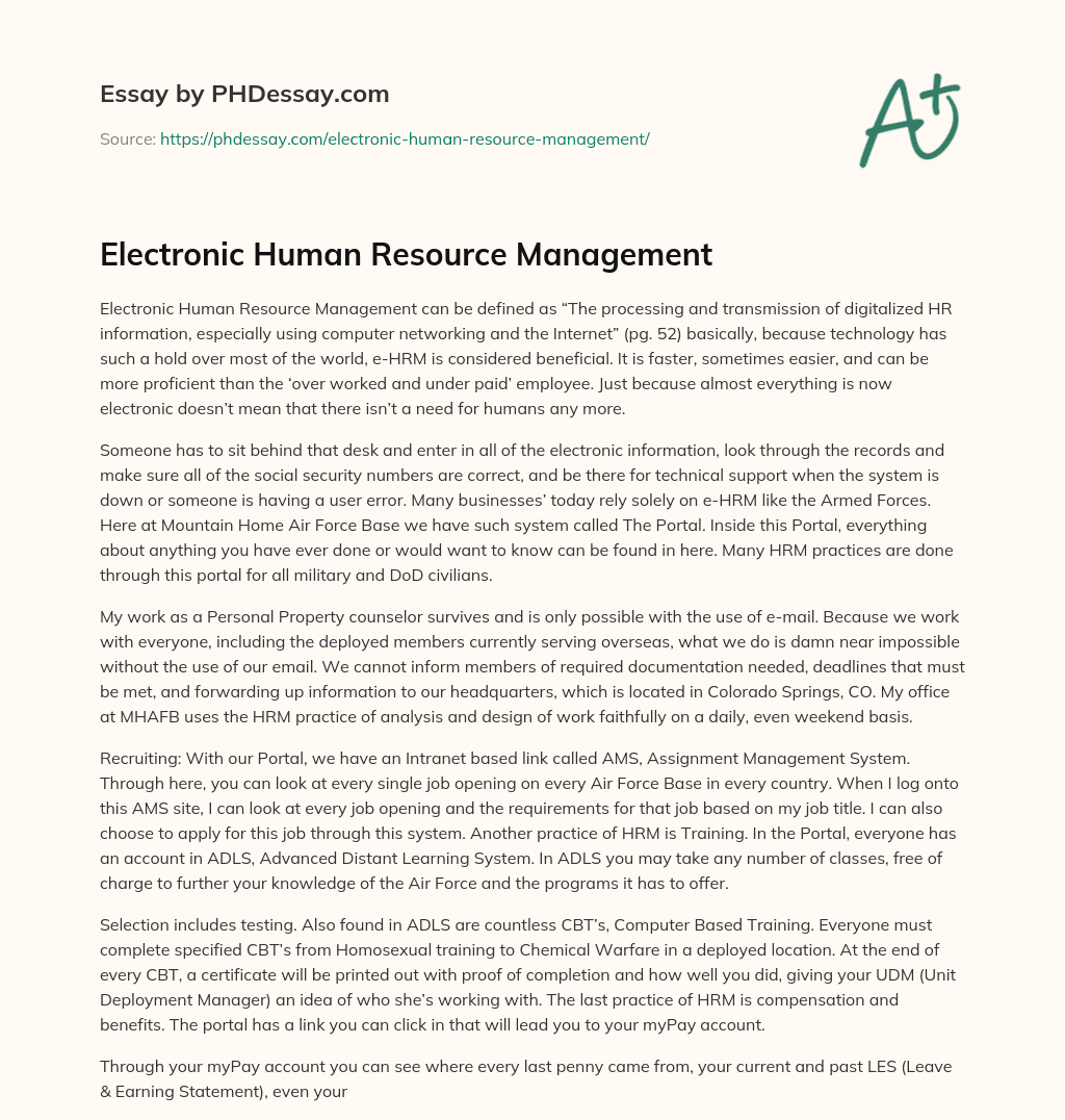 Electronic Human Resource Management (600 Words) - PHDessay.com