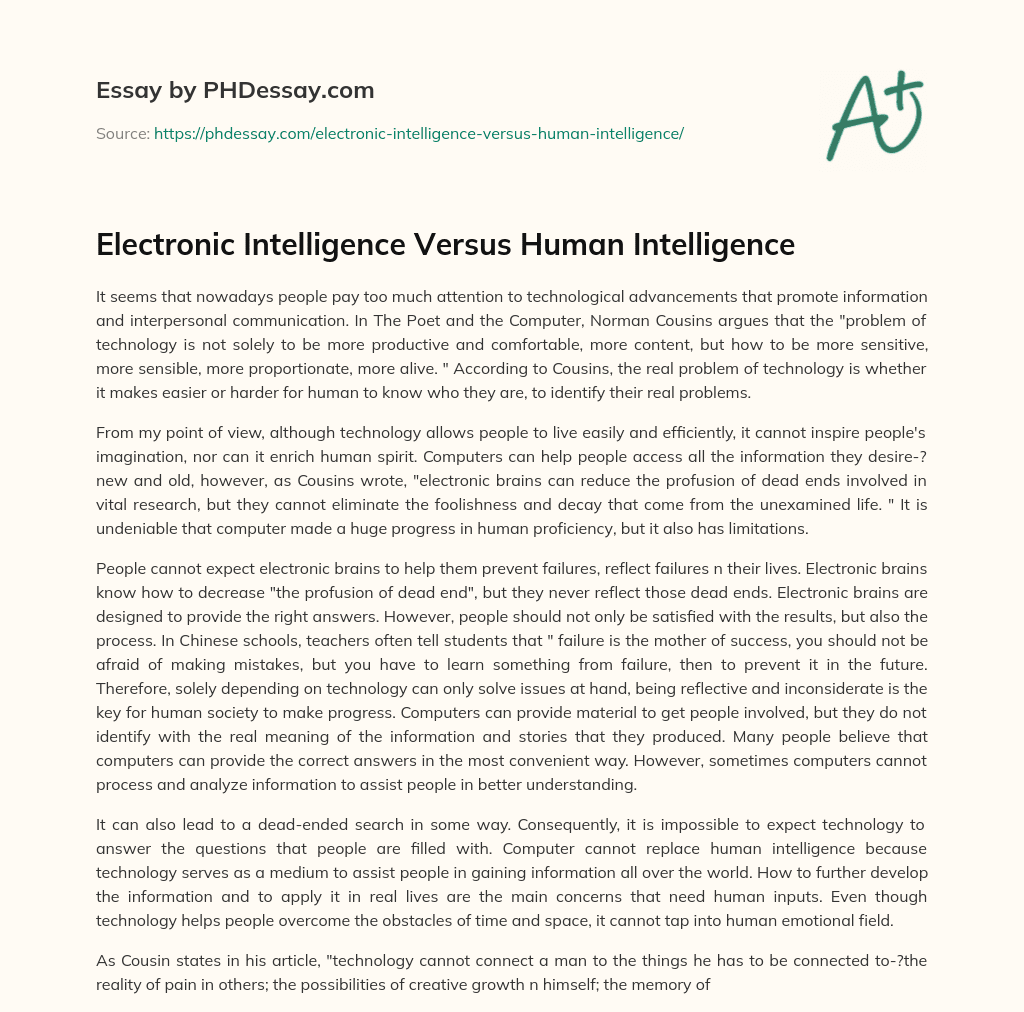Electronic Intelligence Versus Human Intelligence - PHDessay.com