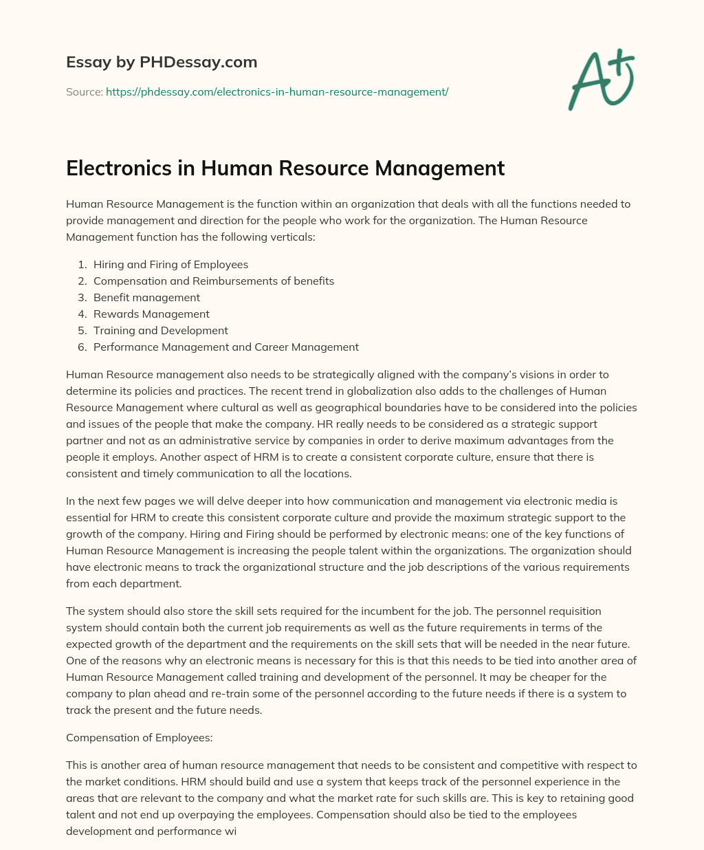 Electronics in Human Resource Management - PHDessay.com