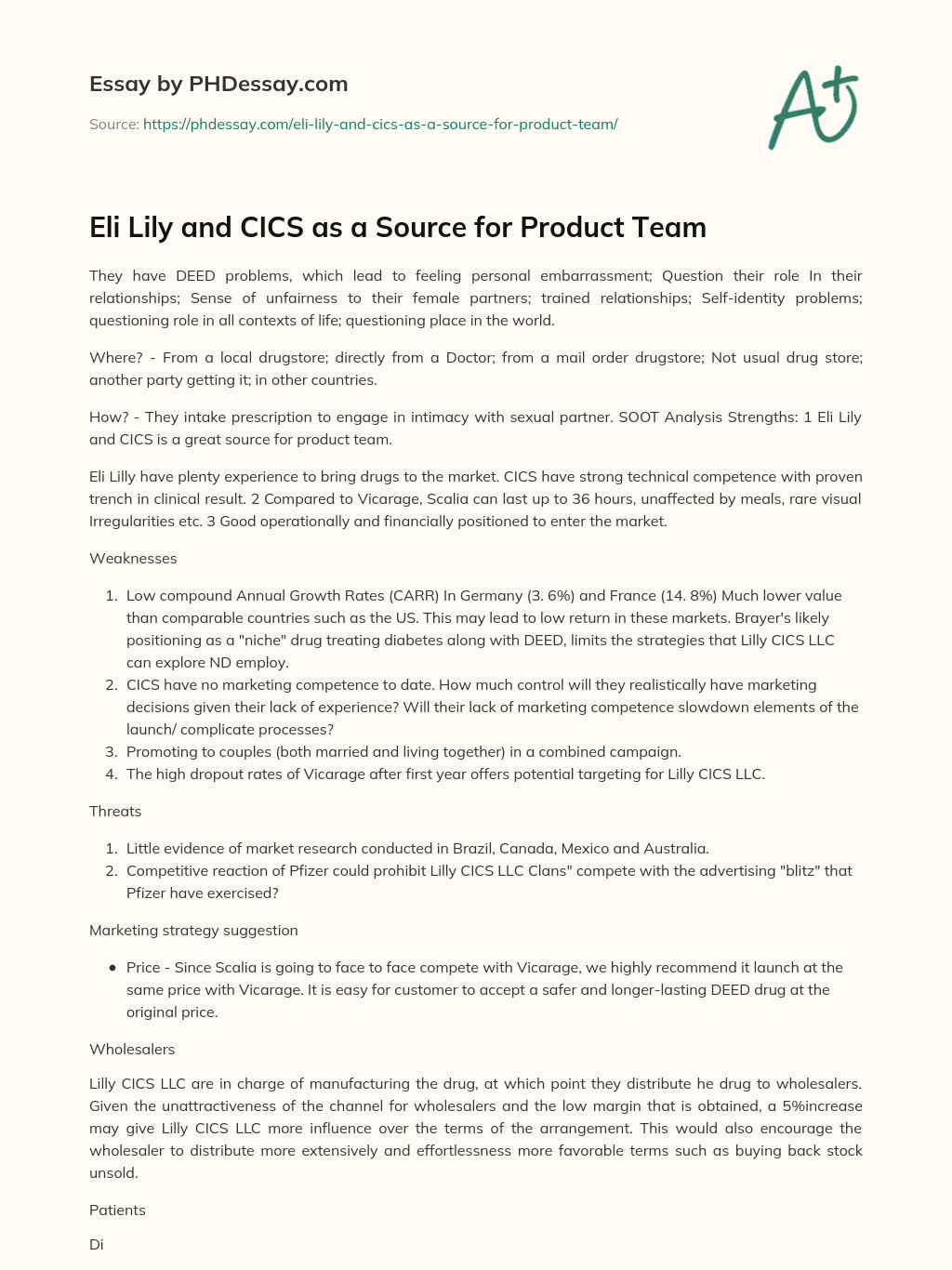 Eli Lily and CICS as a Source for Product Team - PHDessay.com