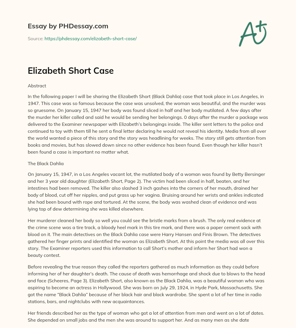 Elizabeth Short Case - PHDessay.com