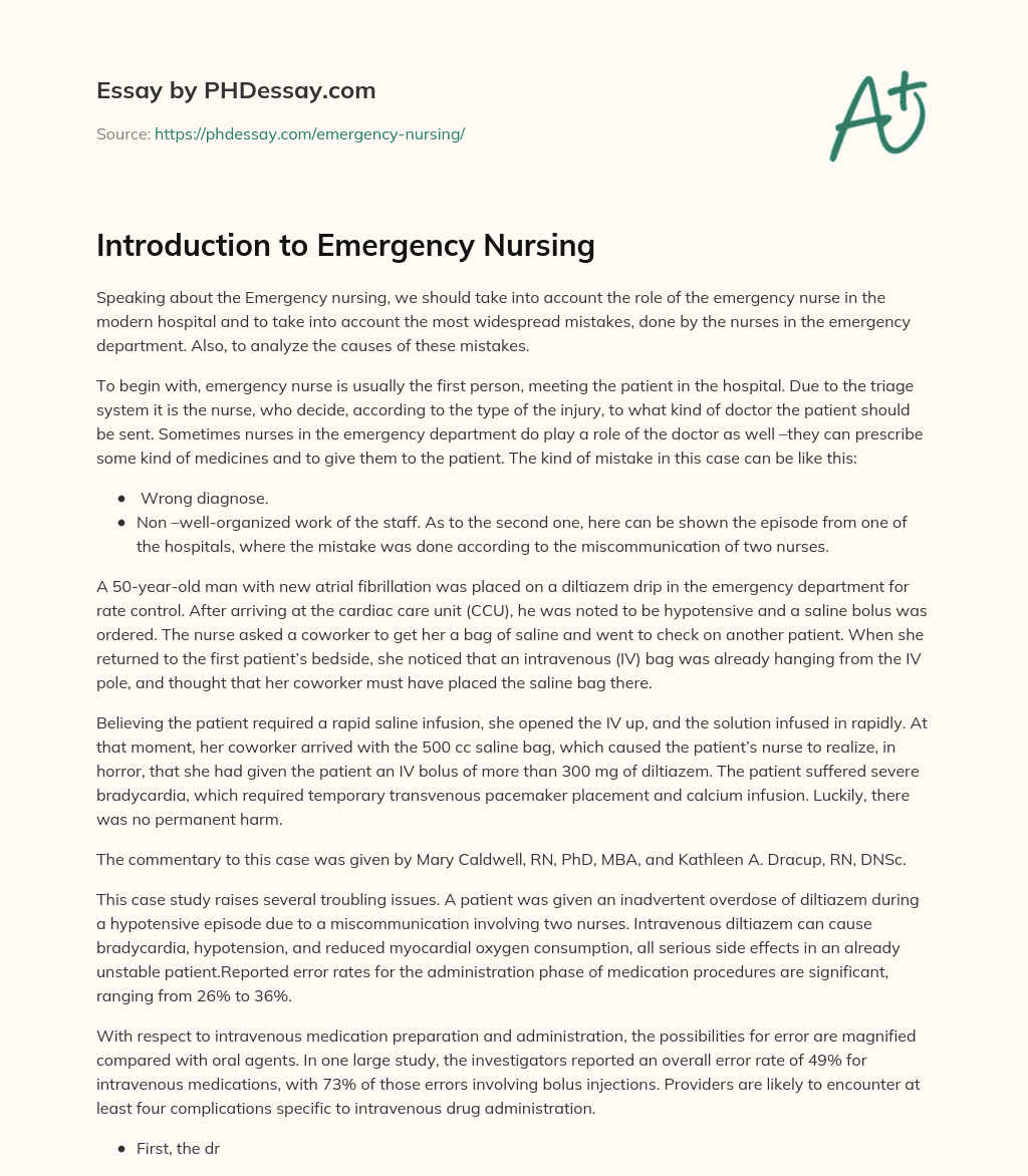 Introduction to Emergency Nursing - PHDessay.com
