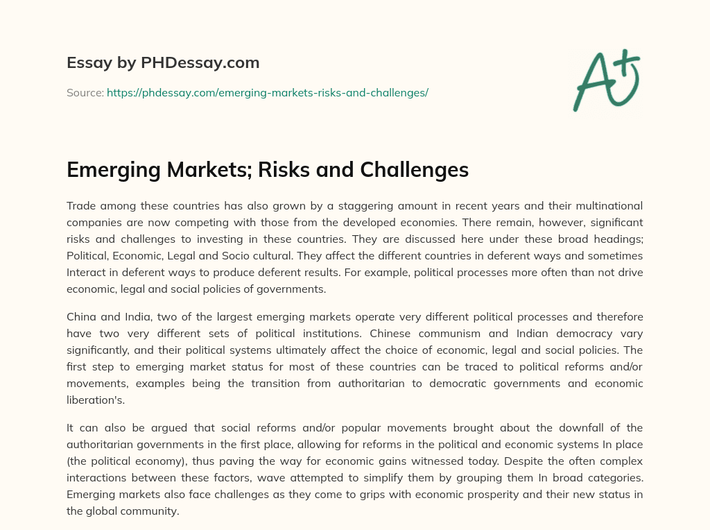 Emerging Markets; Risks and Challenges (300 Words) - PHDessay.com