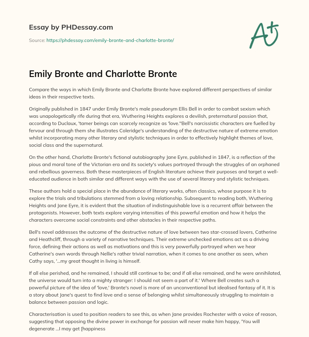 Emily Bronte and Charlotte Bronte - PHDessay.com