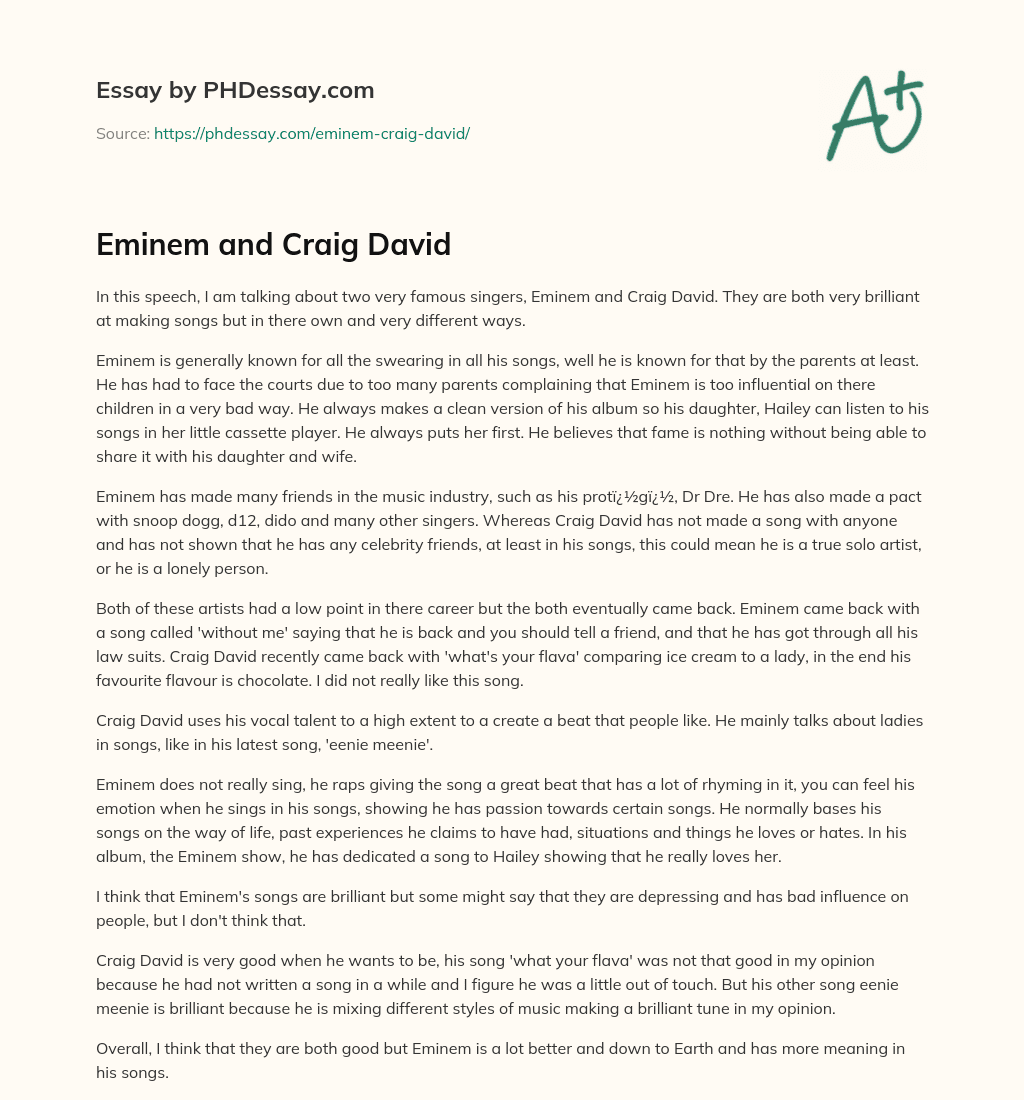 Eminem and Craig David (500 Words) - PHDessay.com