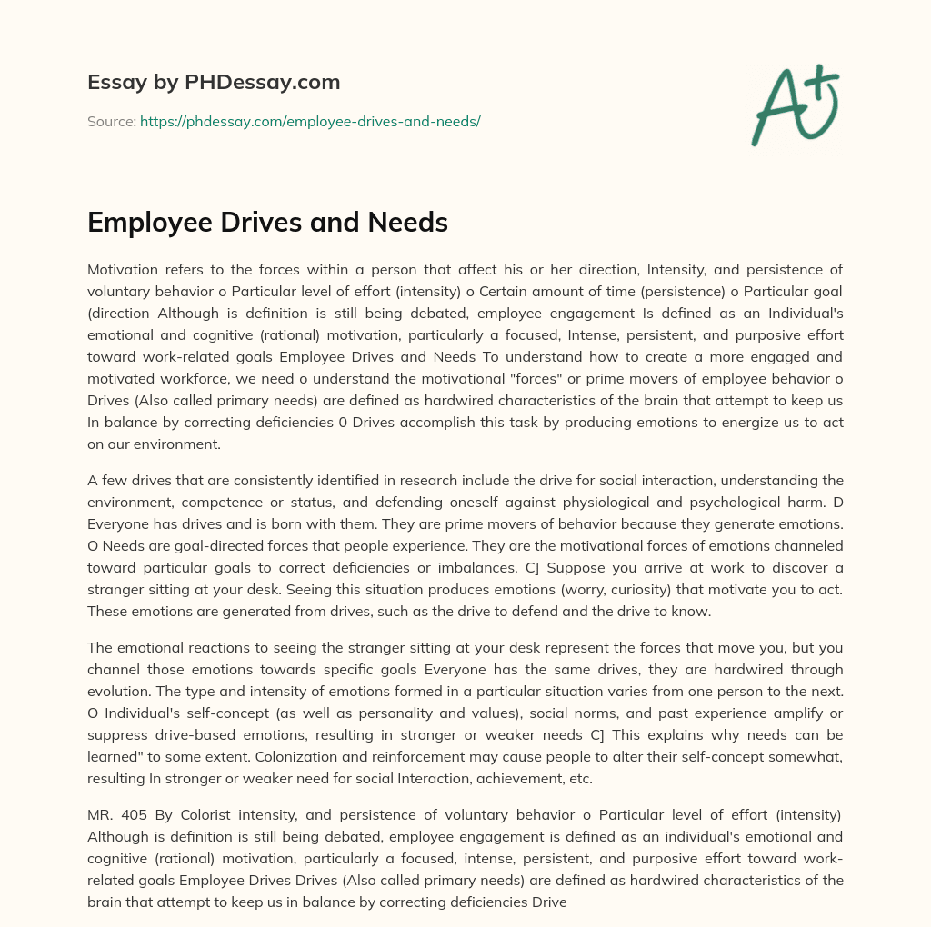 Employee Drives and Needs (500 Words) - PHDessay.com