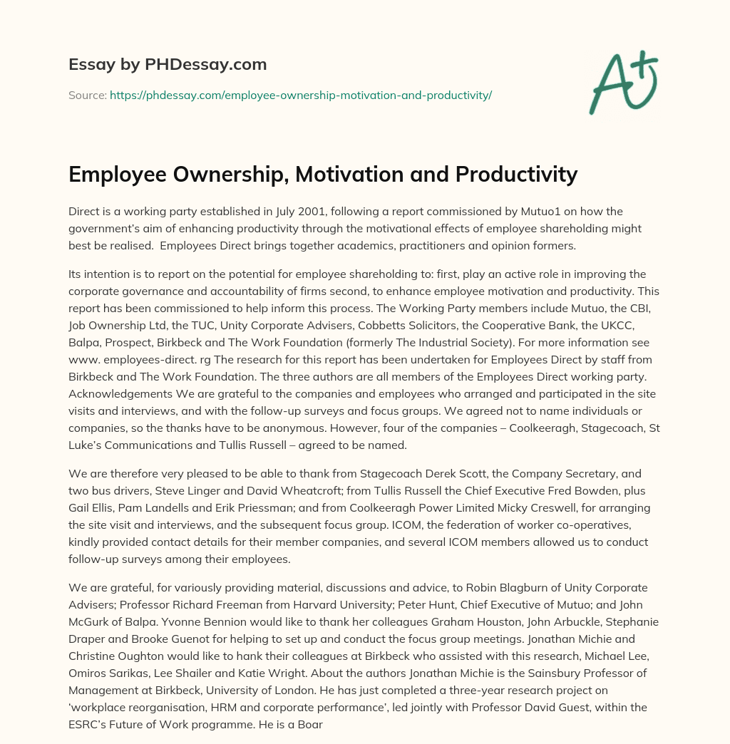 Employee Ownership, Motivation and Productivity - PHDessay.com
